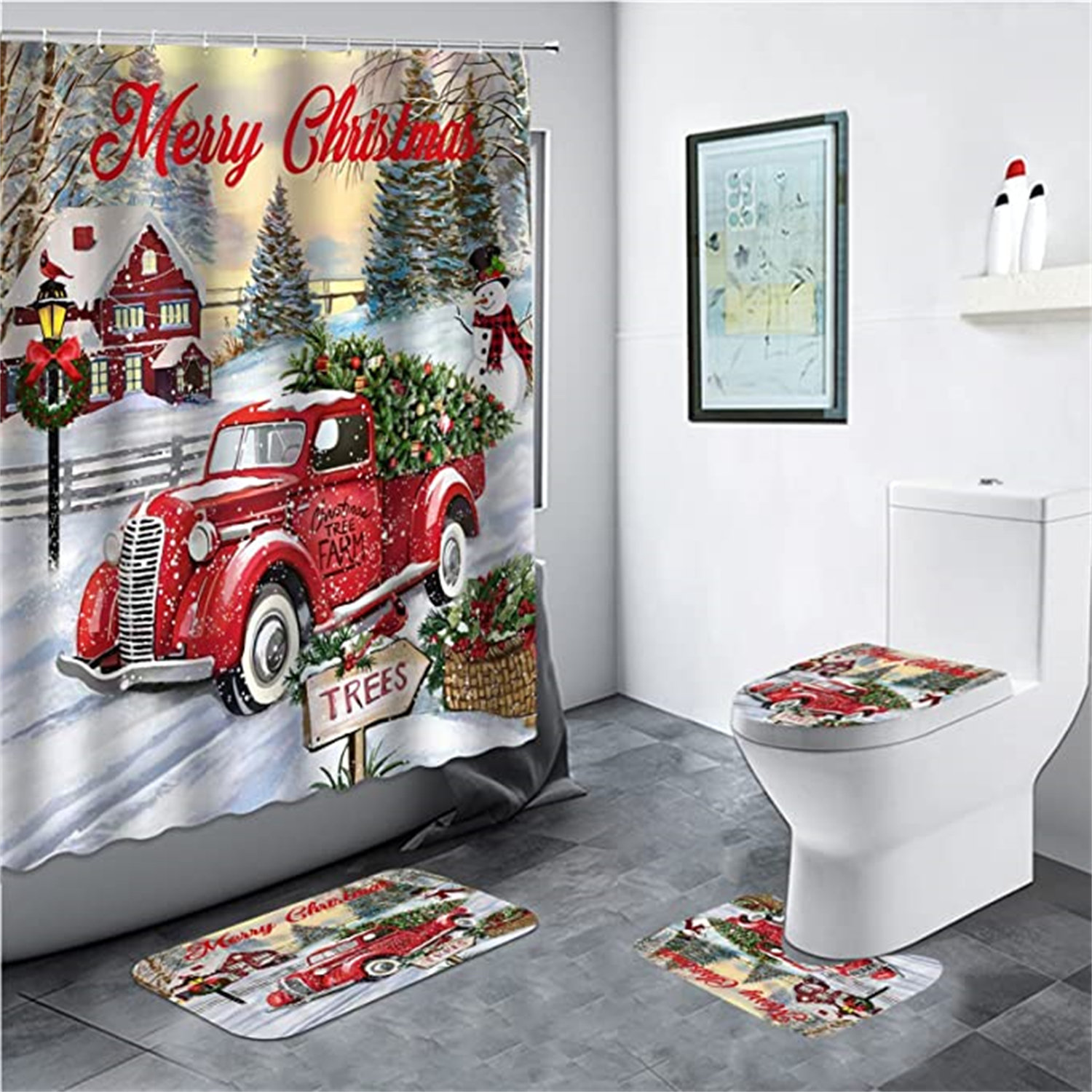 The Holiday Aisle® 4 Pcs Christmas Shower Curtain Sets With Rugs Red ...