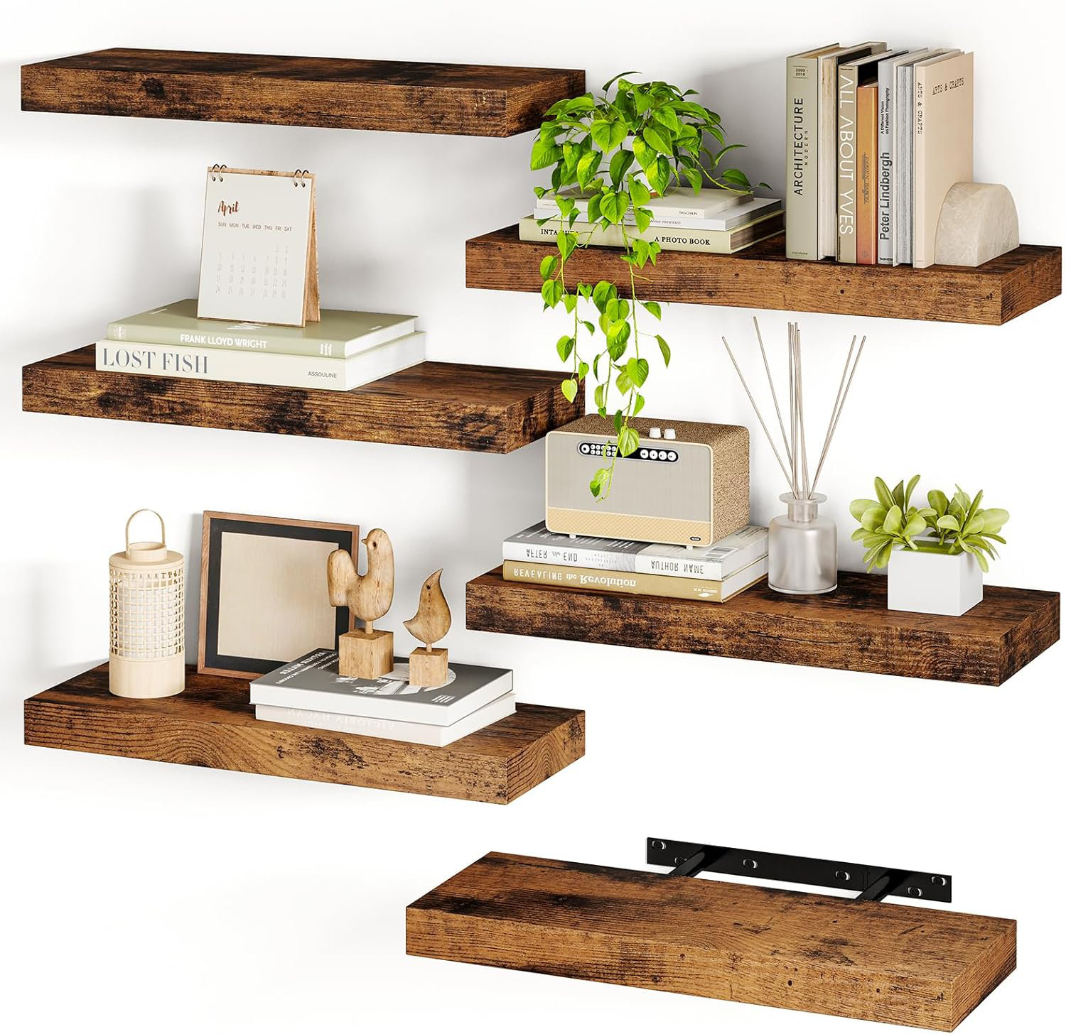Millwood Pines Set Of 6 Rustic Floating Shelves - Space-Saving Wall ...