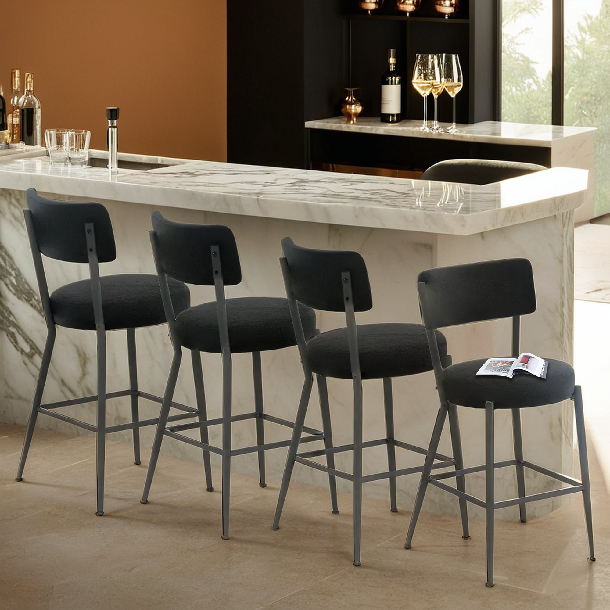 Everly Quinn Modern Teddy Fabric Upholstered Metal Base Bar Stools (Set ...