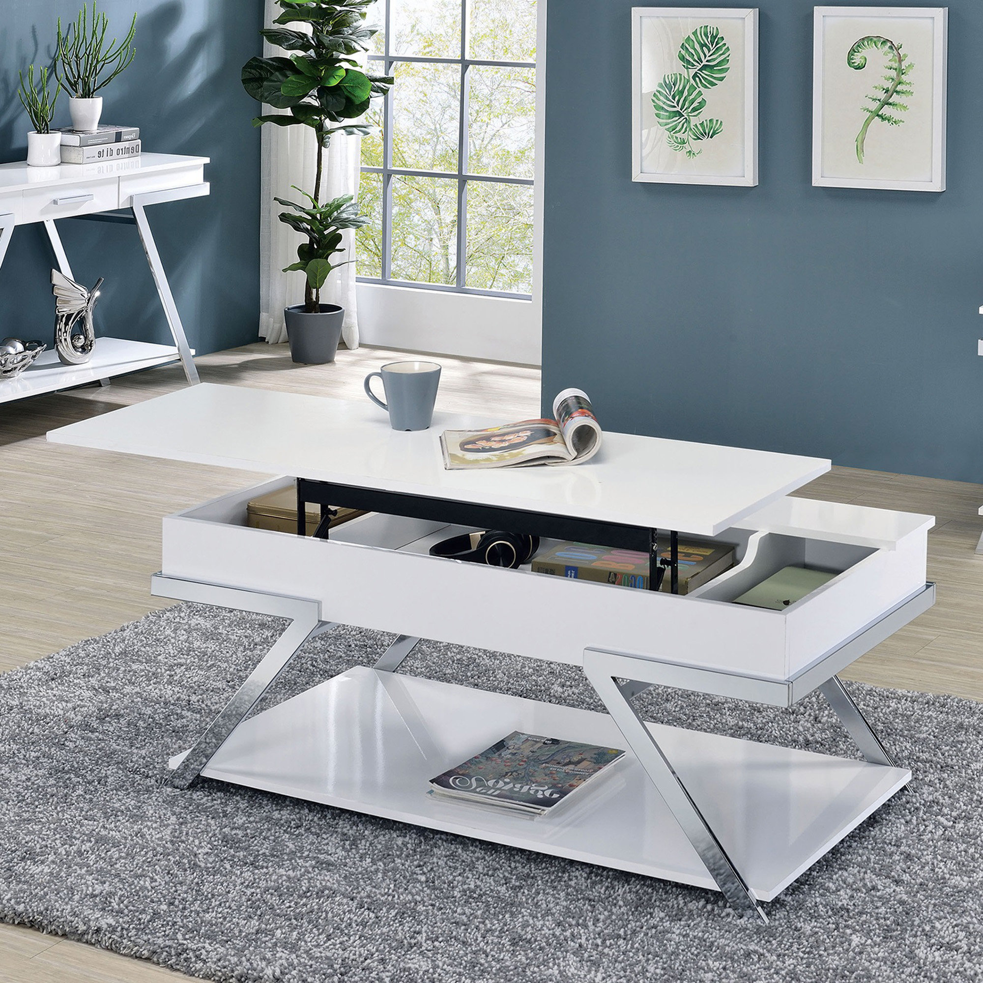 Brayden Studio® Coffee Table Lift Top Design High Gloss Finish Chrome ...