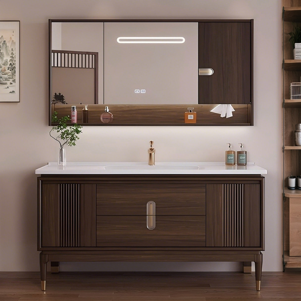 Hokku Designs Brown and White Rubberwood Bathroom Washbasin Vanity With ...