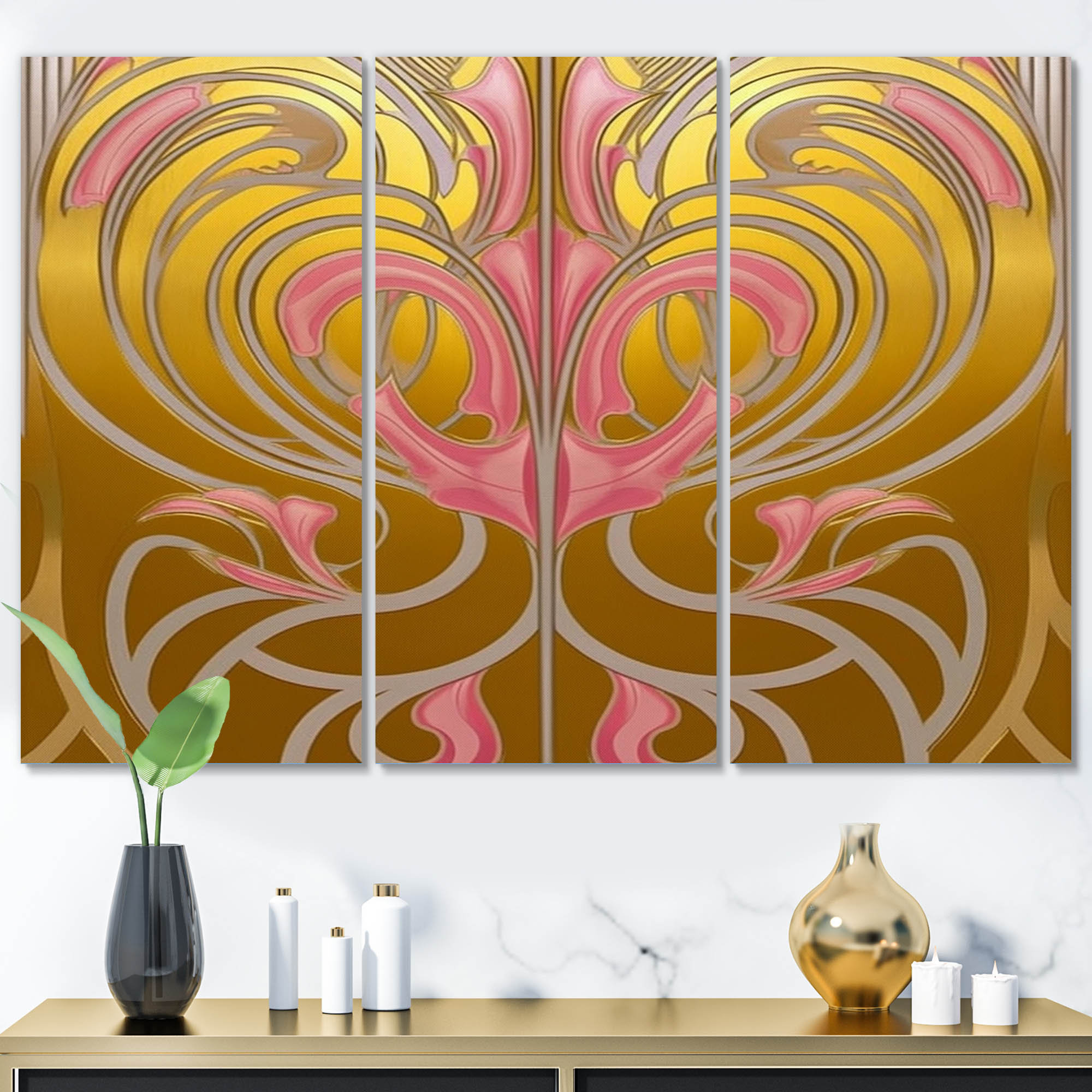 Design Art Art Nouveau Geometry In Gold And Pink On Canvas 3 Pieces ...