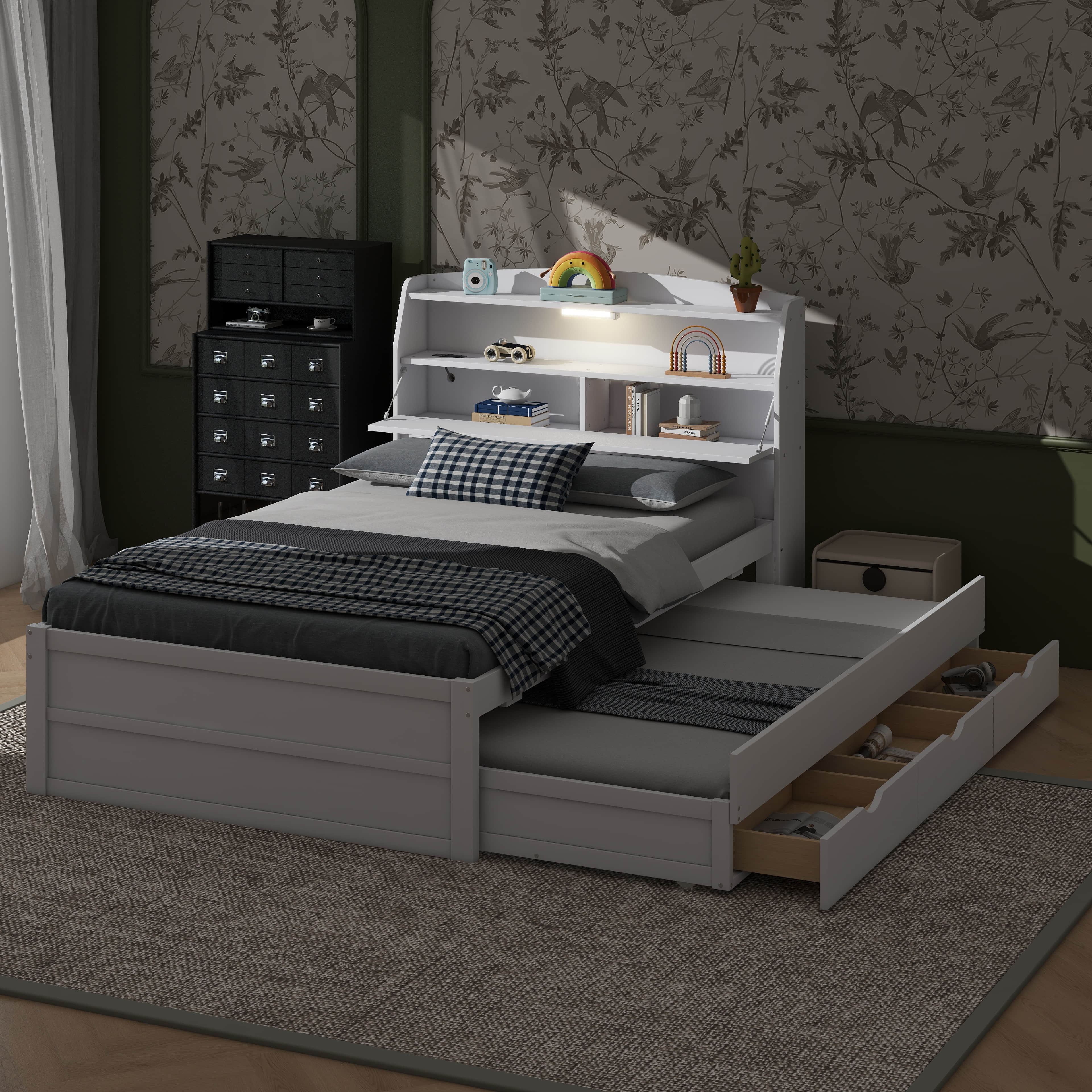 Lark Manor Lit plateforme en bois avec lit gigogne et tête de lit à DEL avec tiroirs - Wayfair ...