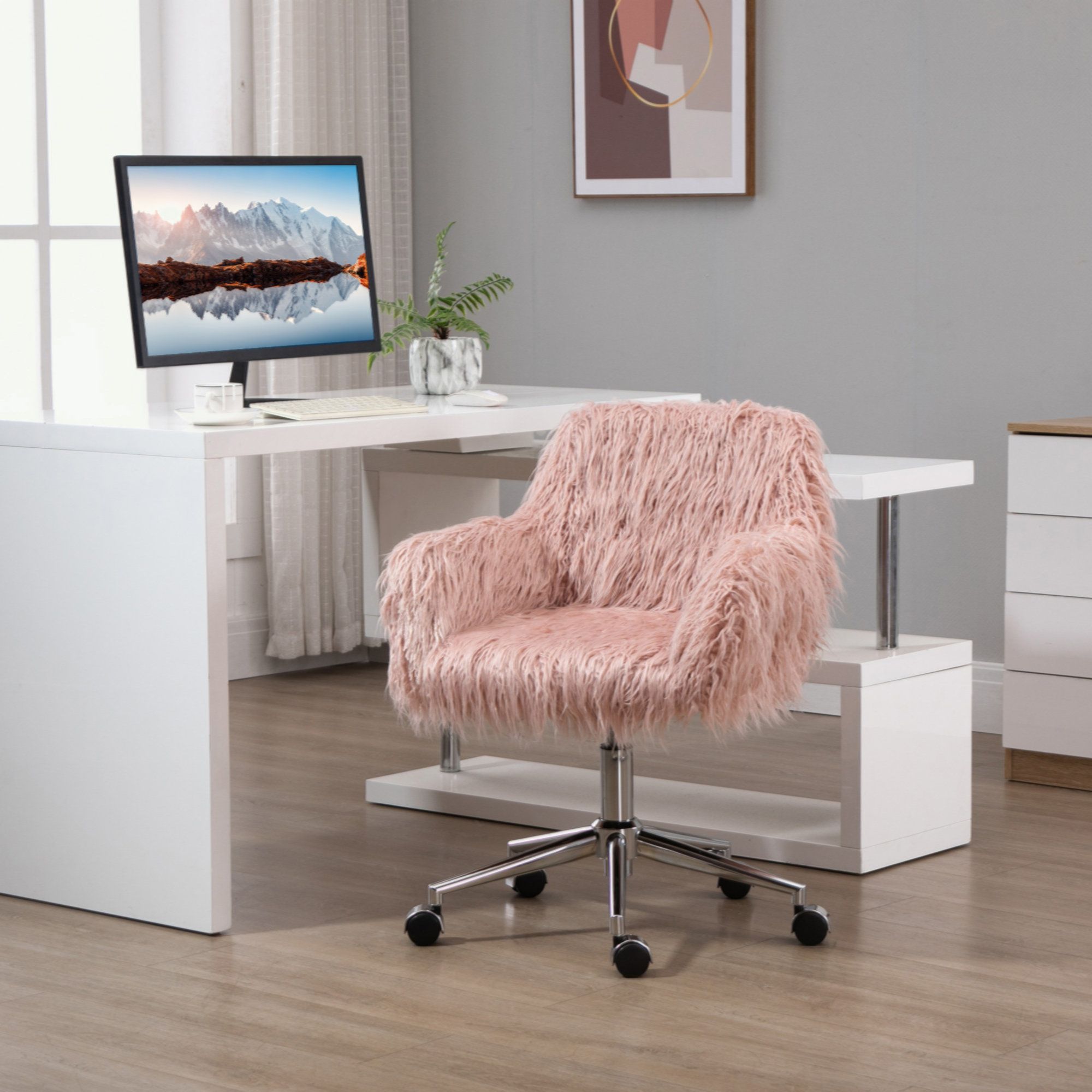 Mercer41 Vinsetto Faux Fur Desk Chair, Swivel Vanity Chair With ...