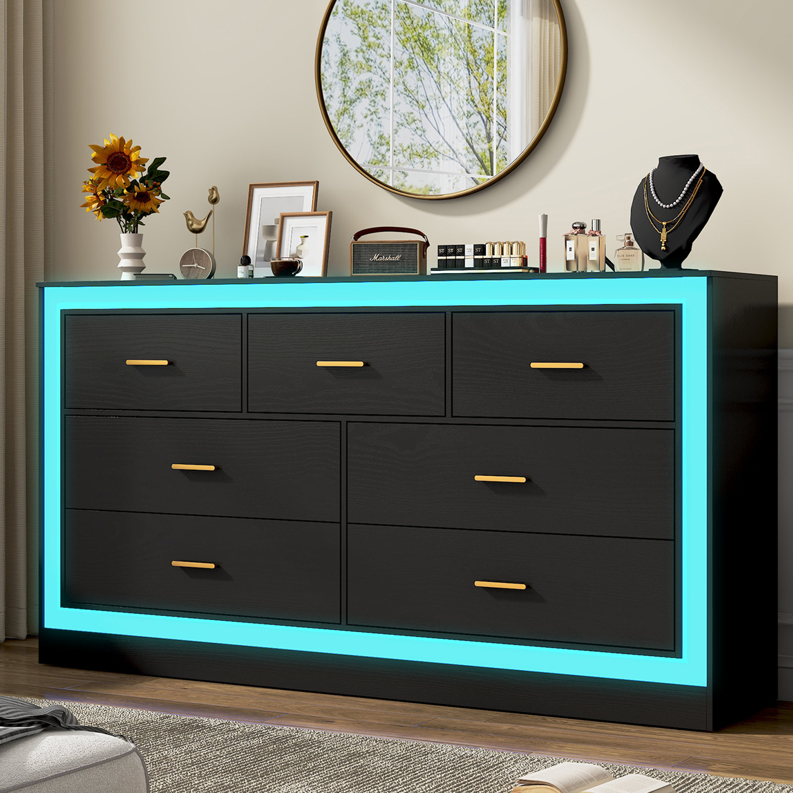 Wrought Studio™ 63" Modern 7 Drawer Dresser With LED Lights, Chest Of ...
