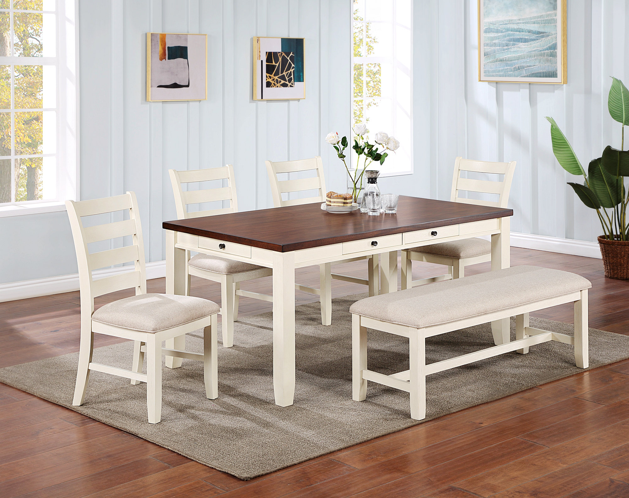 BOMO Dining Room Furniture 6Pc Dining Set Dining Table W Drawers 4X ...