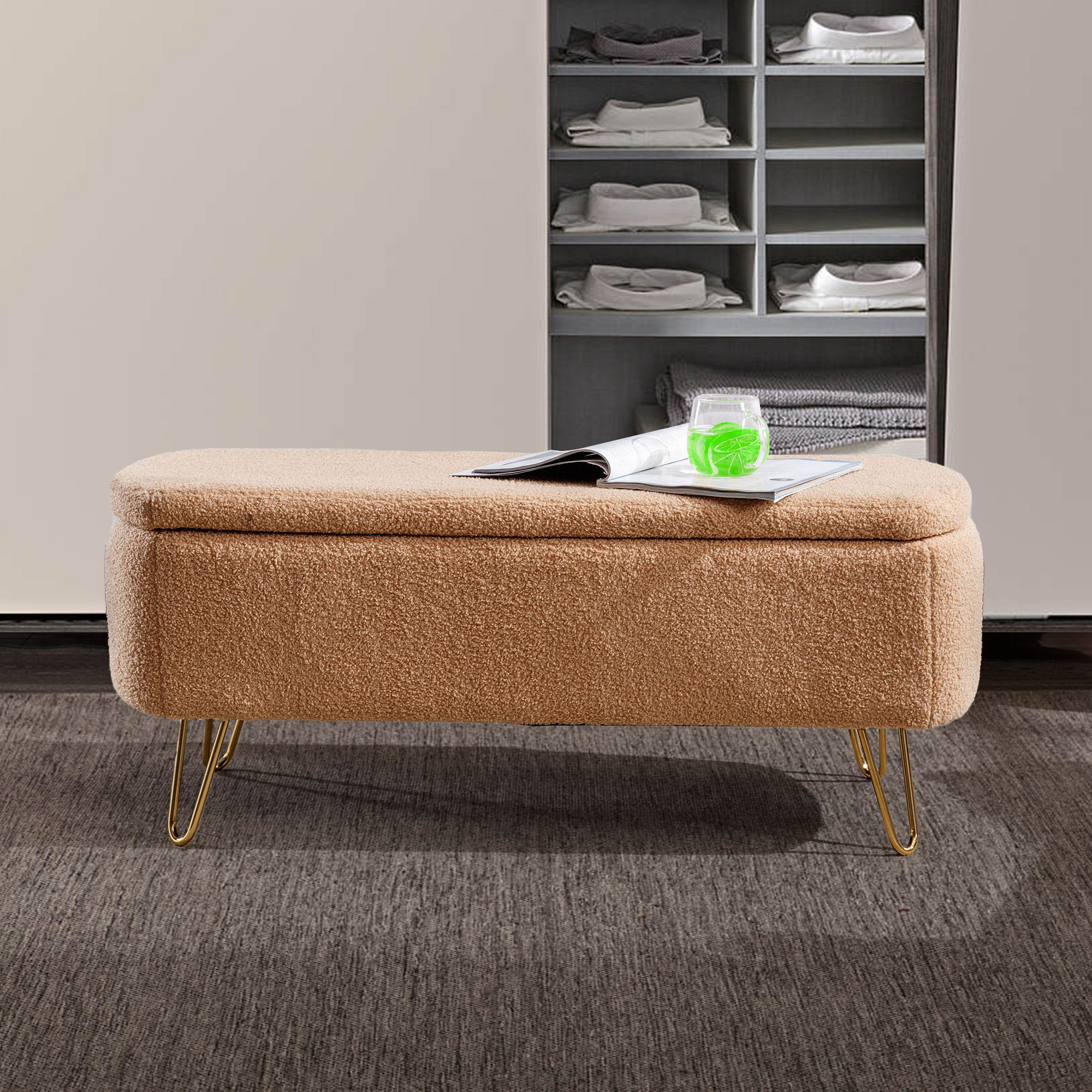 Mercer41 Deveon Teddy Fabric Upholstered Storage Bench with Gold Metal ...