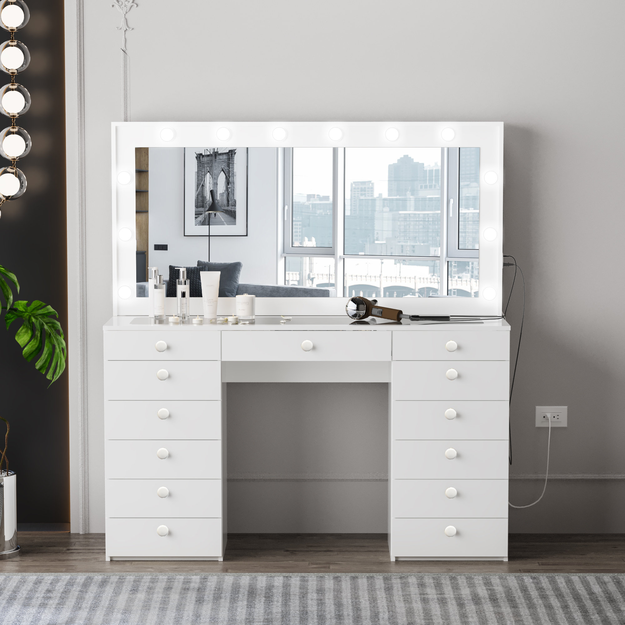 Boahaus LLC Boahaus EXTRA-LARGE Lighted Makeup Vanity Table, Big Mirror ...