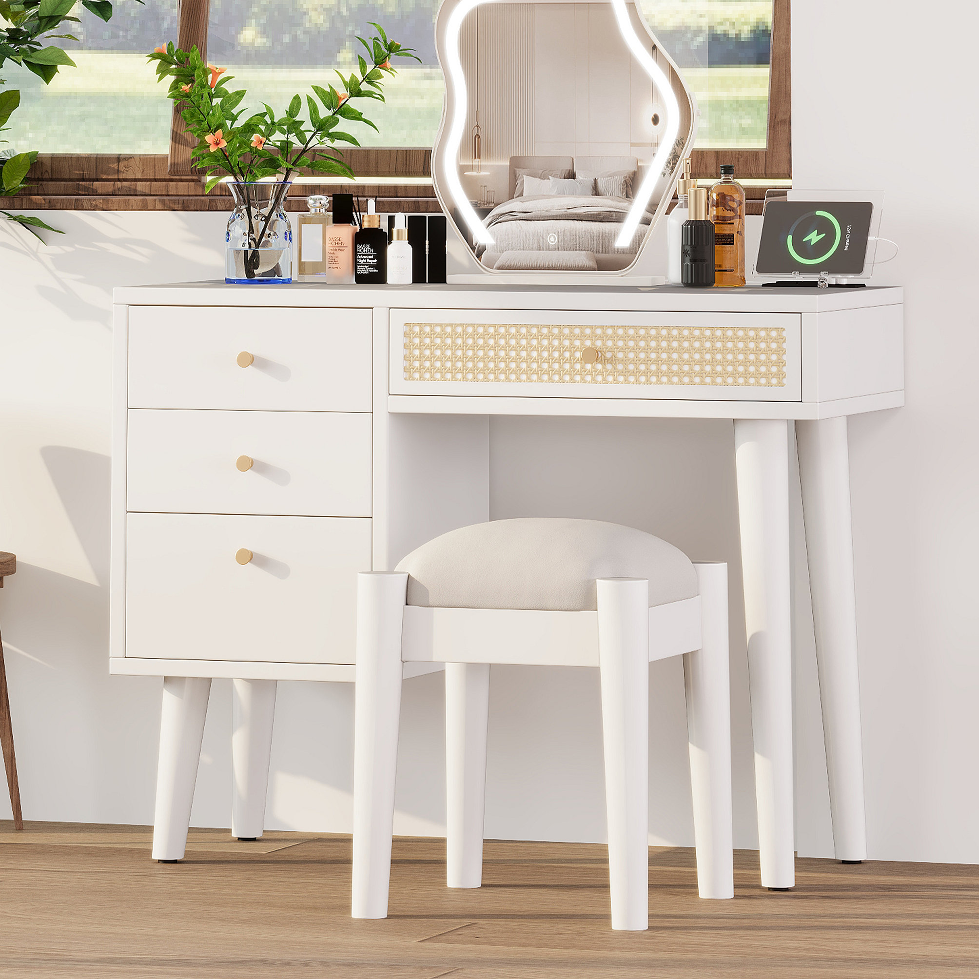 Ivy Bronx Wooden Makeup Vanity Set With Charging Plug&USB Port And ...