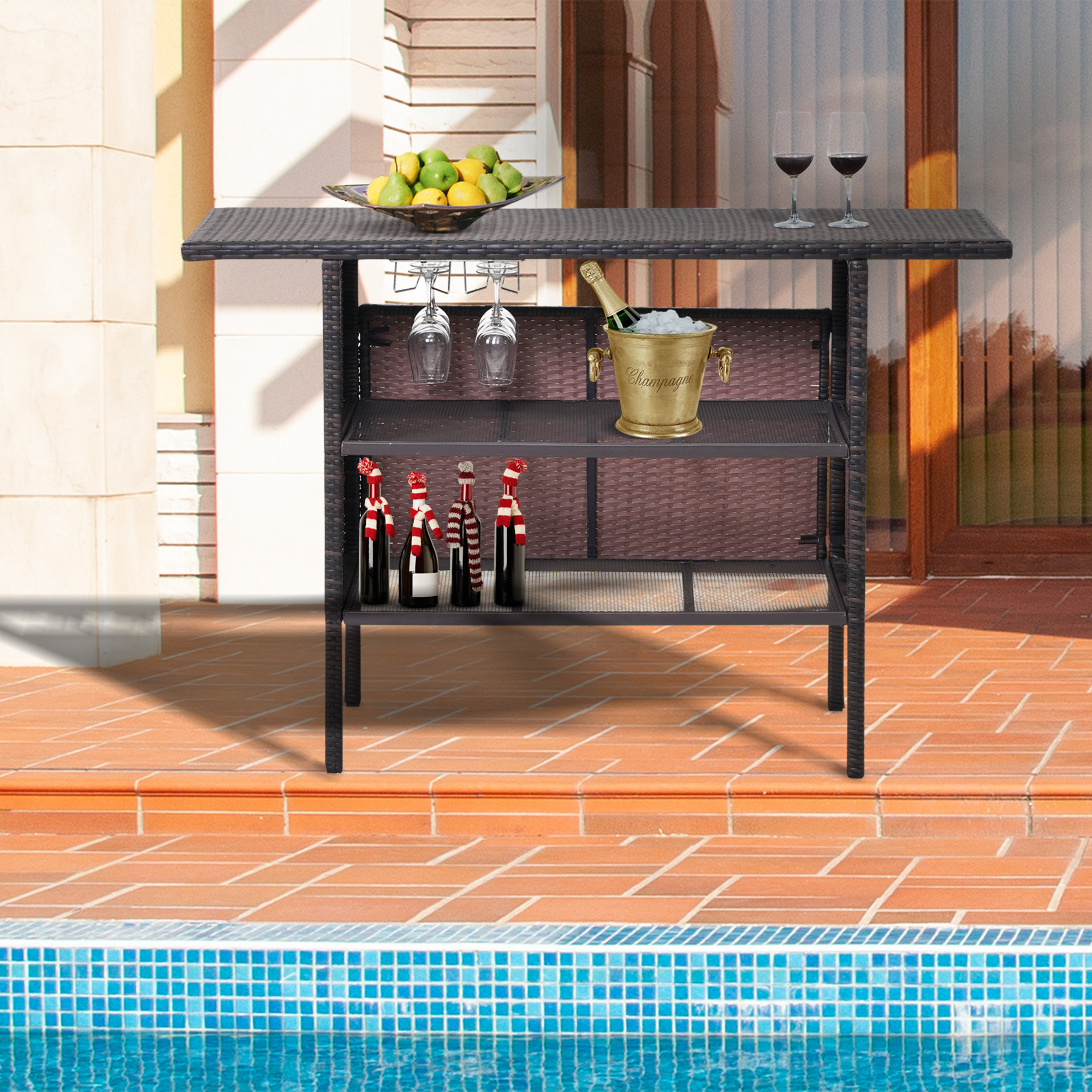 Mercury Row® Antigo Outdoor Patio Wicker Bar Counter Table with 2 Steel ...