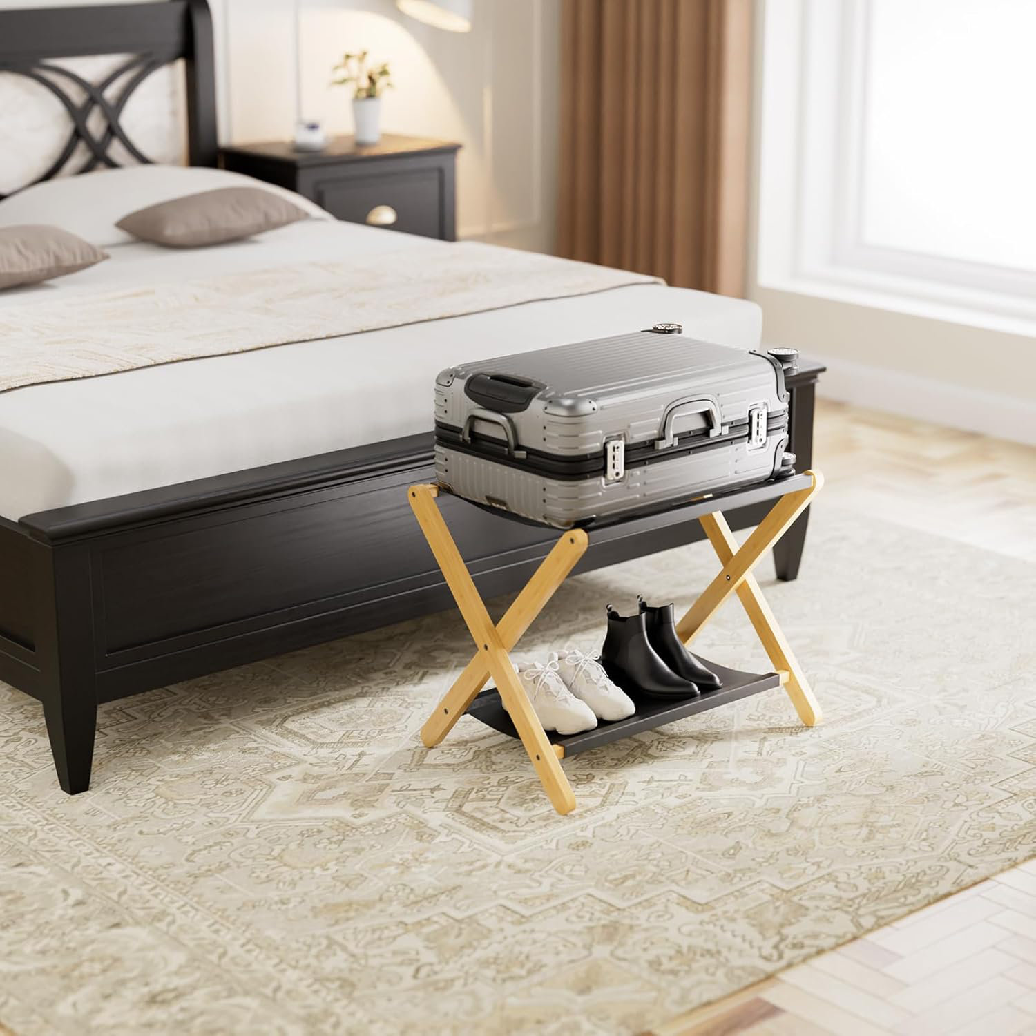 Co-t Bamboo Folding Luggage Rack With Double Storage Shelves, Sturdy ...