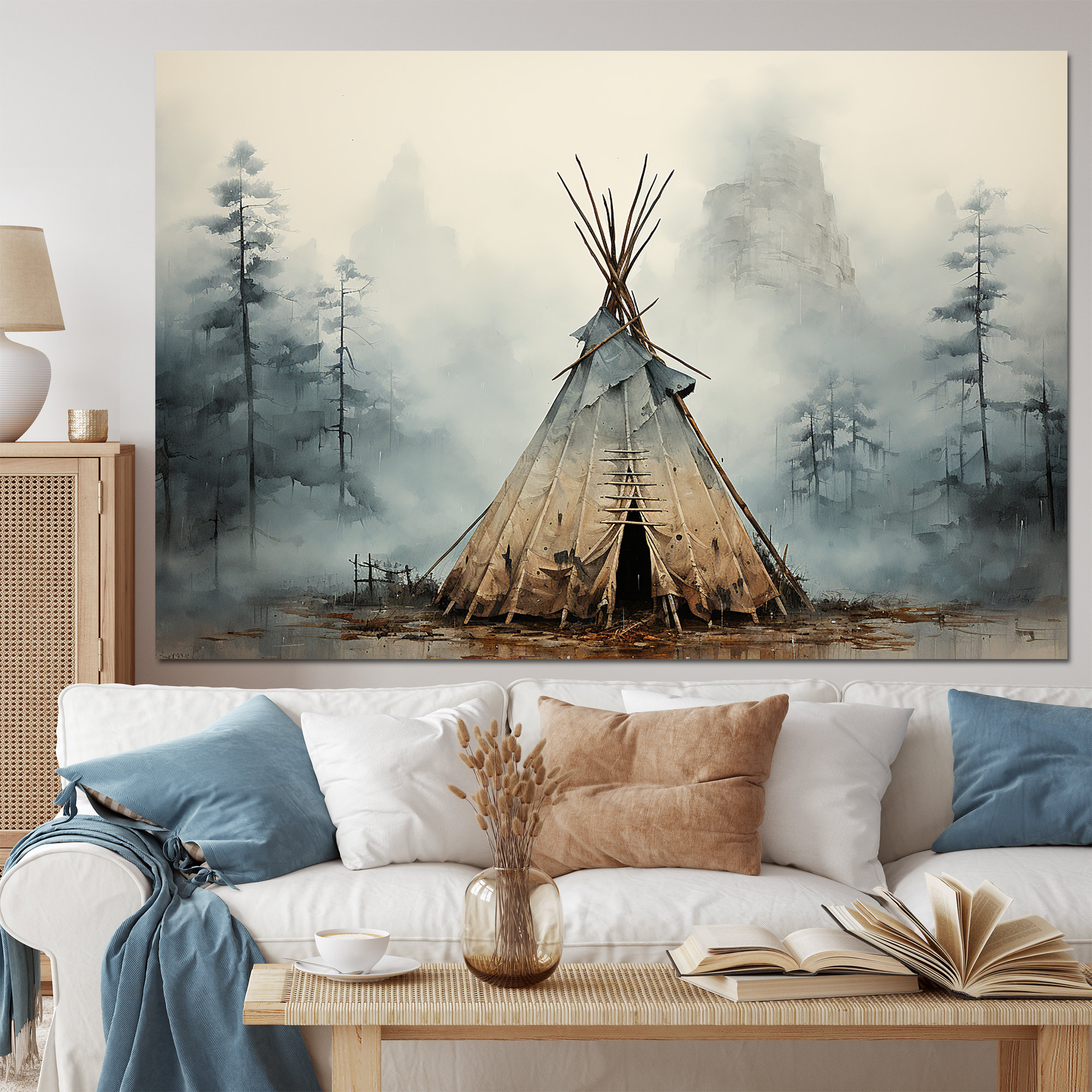 Design Art Grey Native Tipi Whispers Of Spirit - Native American Canvas ...