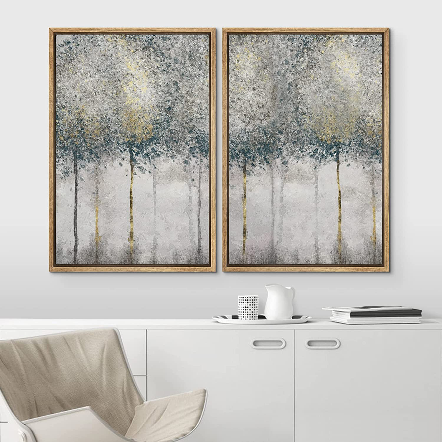 IDEA4WALL Abstract Forest Framed Canvas Print Wall Art Set Pastel Teal ...