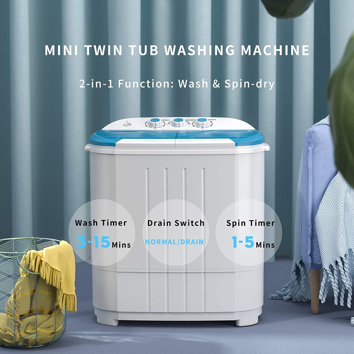 Auertech Portable Washing Machine, Mini Twin Tub Washer With Gravity ...