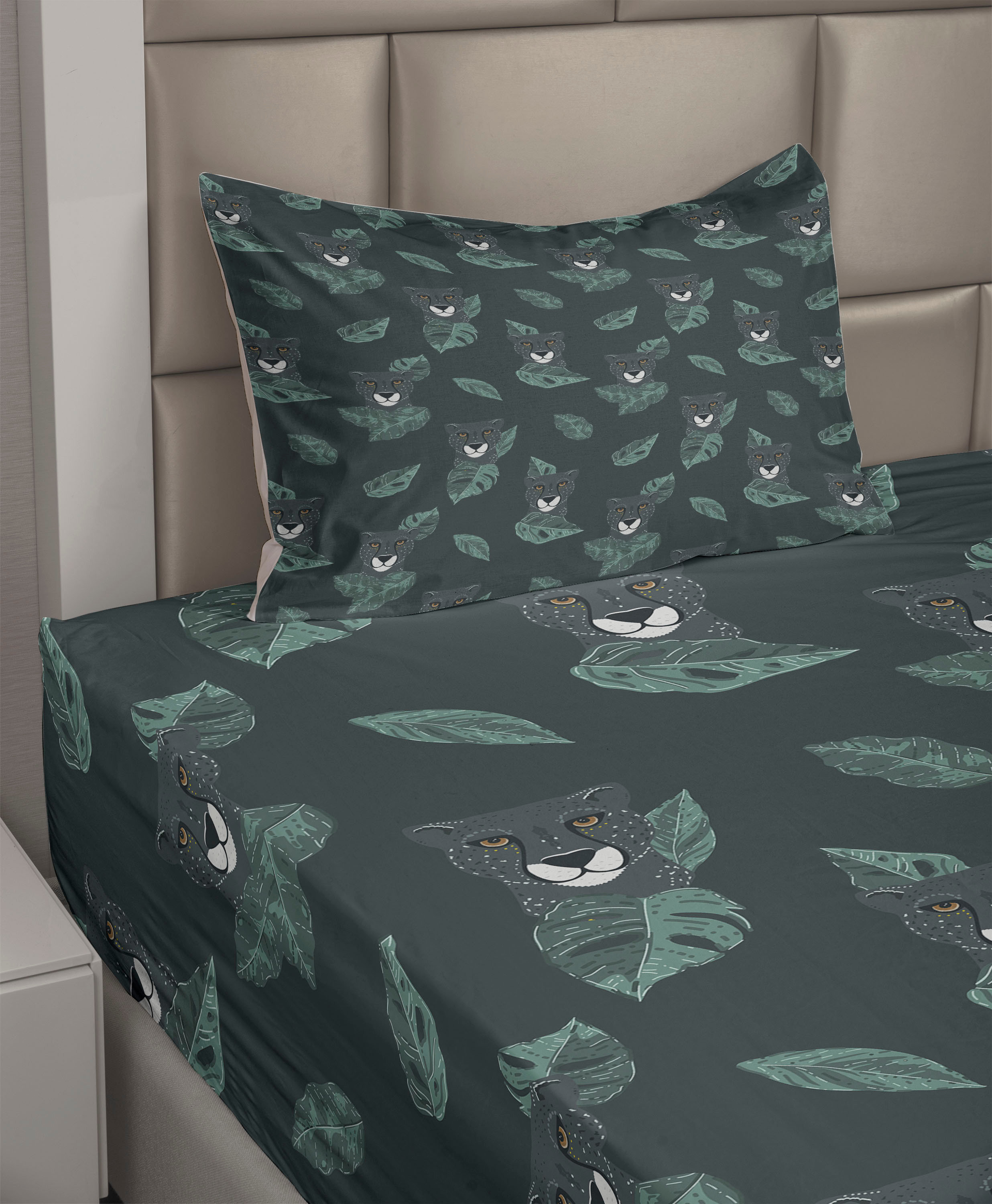Ambesonne Tropical Sheet Set Cheetah Faces Monsteras Hunter Green and ...