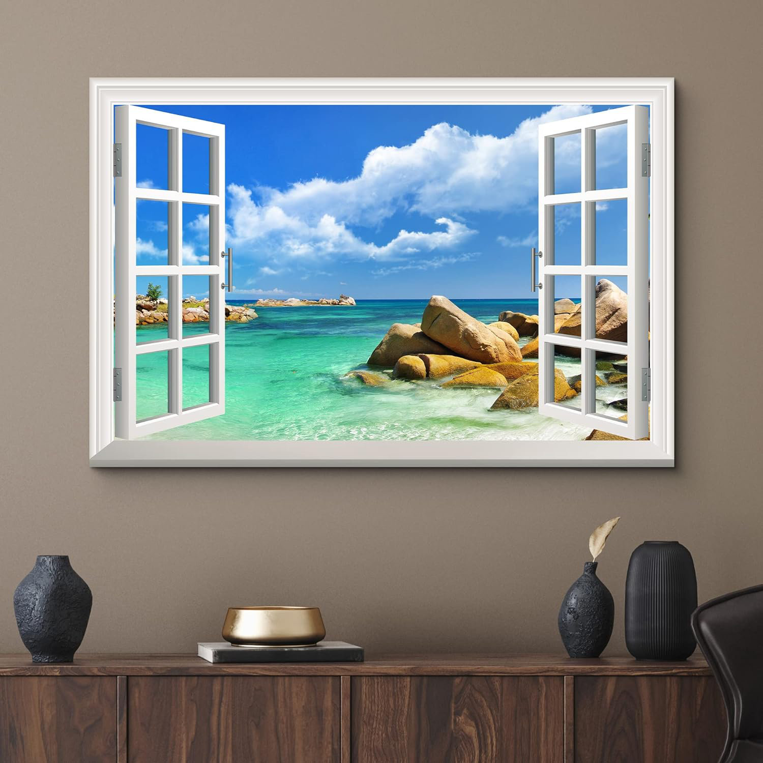 IDEA4WALL Window Scenery " Window View To The Rocky Teal Beach Nature ...