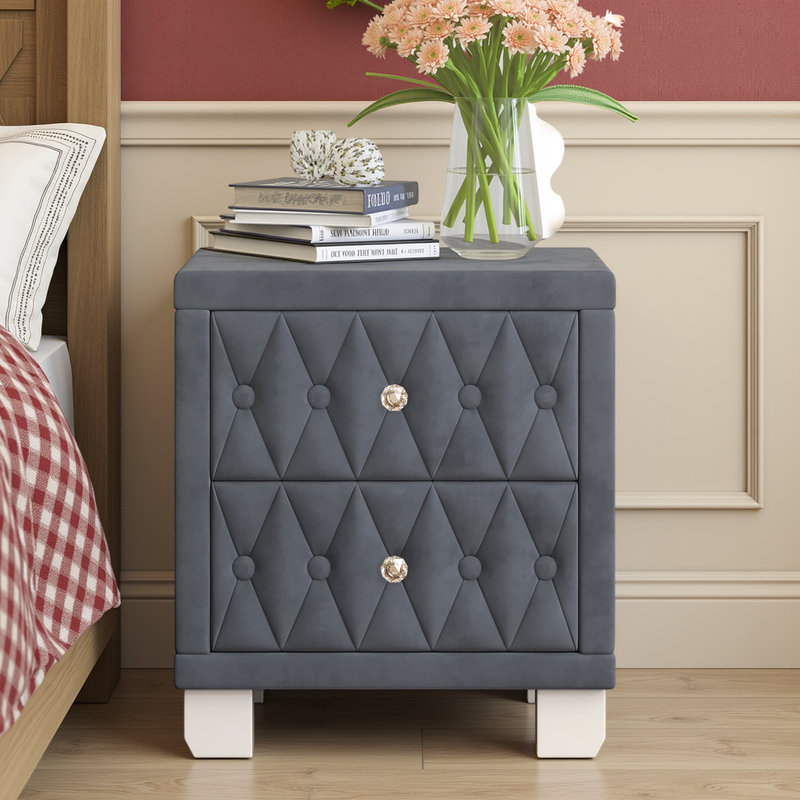 House of Hampton® 2 Drawers Upholstered Nightstand with Button Tufting ...
