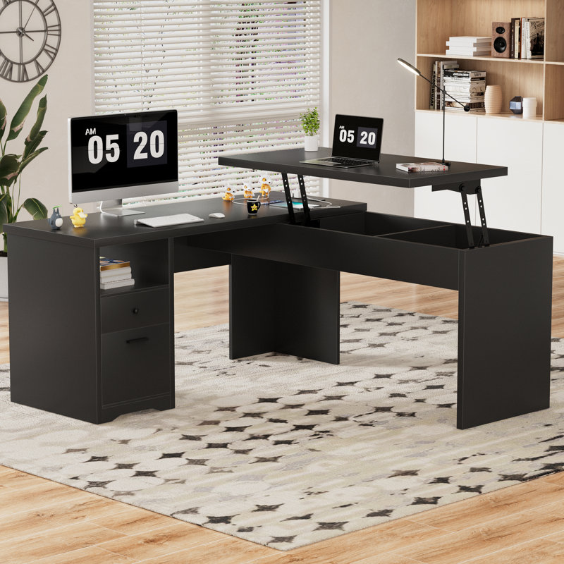 Ebern Designs Swapan 56'' Lift Top L-Shaped Desk with Drawers and Power ...