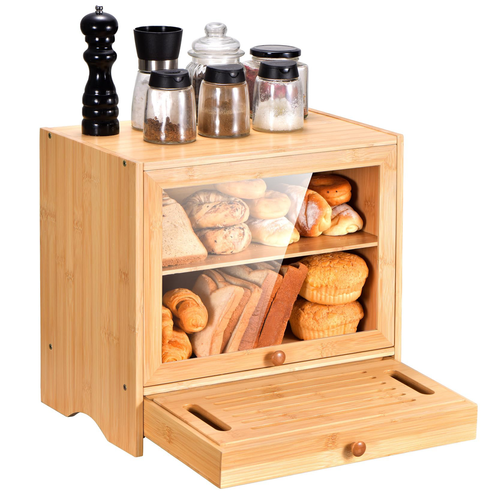 Loon Peak® Bamboo Bread Box With Bread Slicer, Corner Bread Box For ...