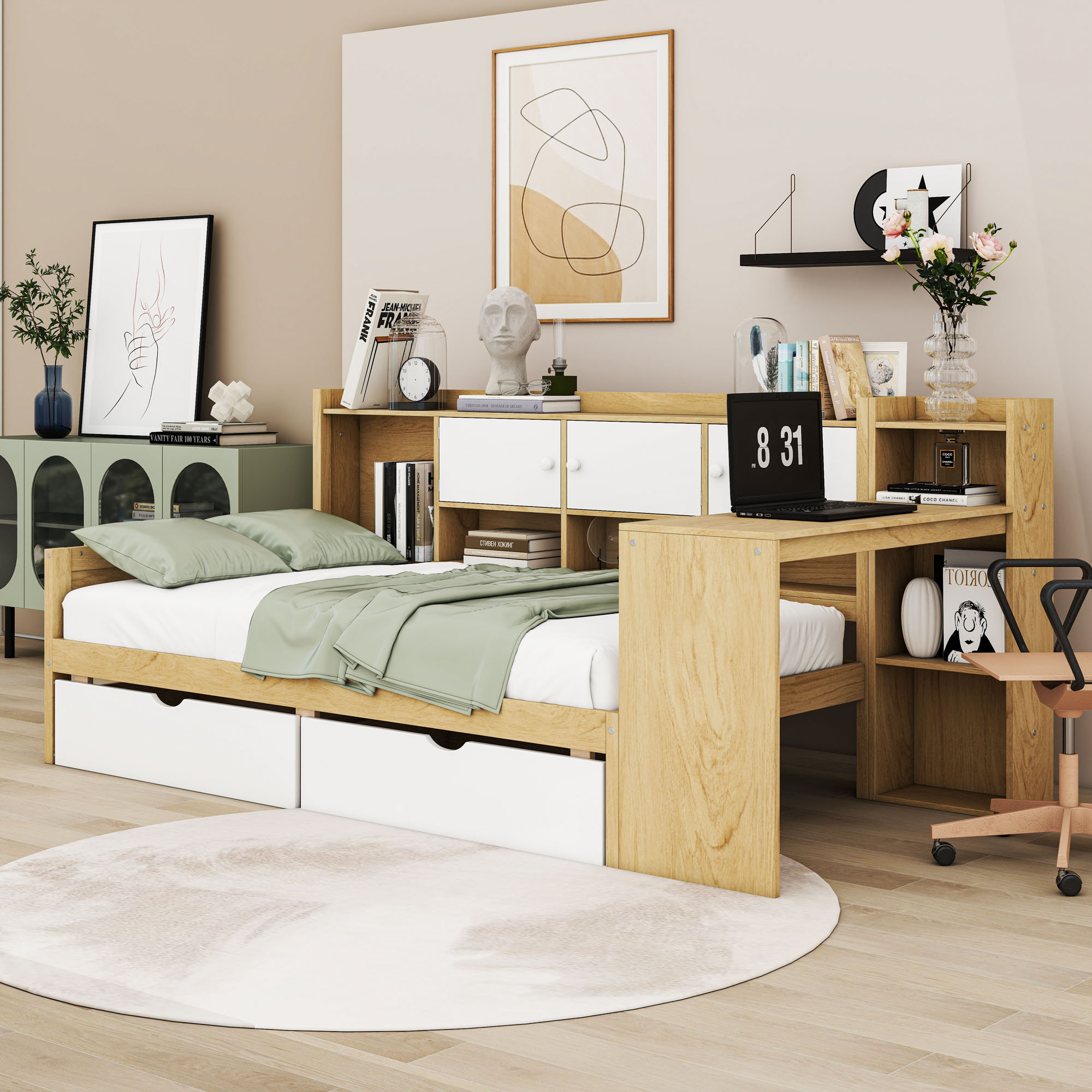 Millwood Pines 2 Drawers Wood Daybed with Built-in-Desk and Bookcase ...