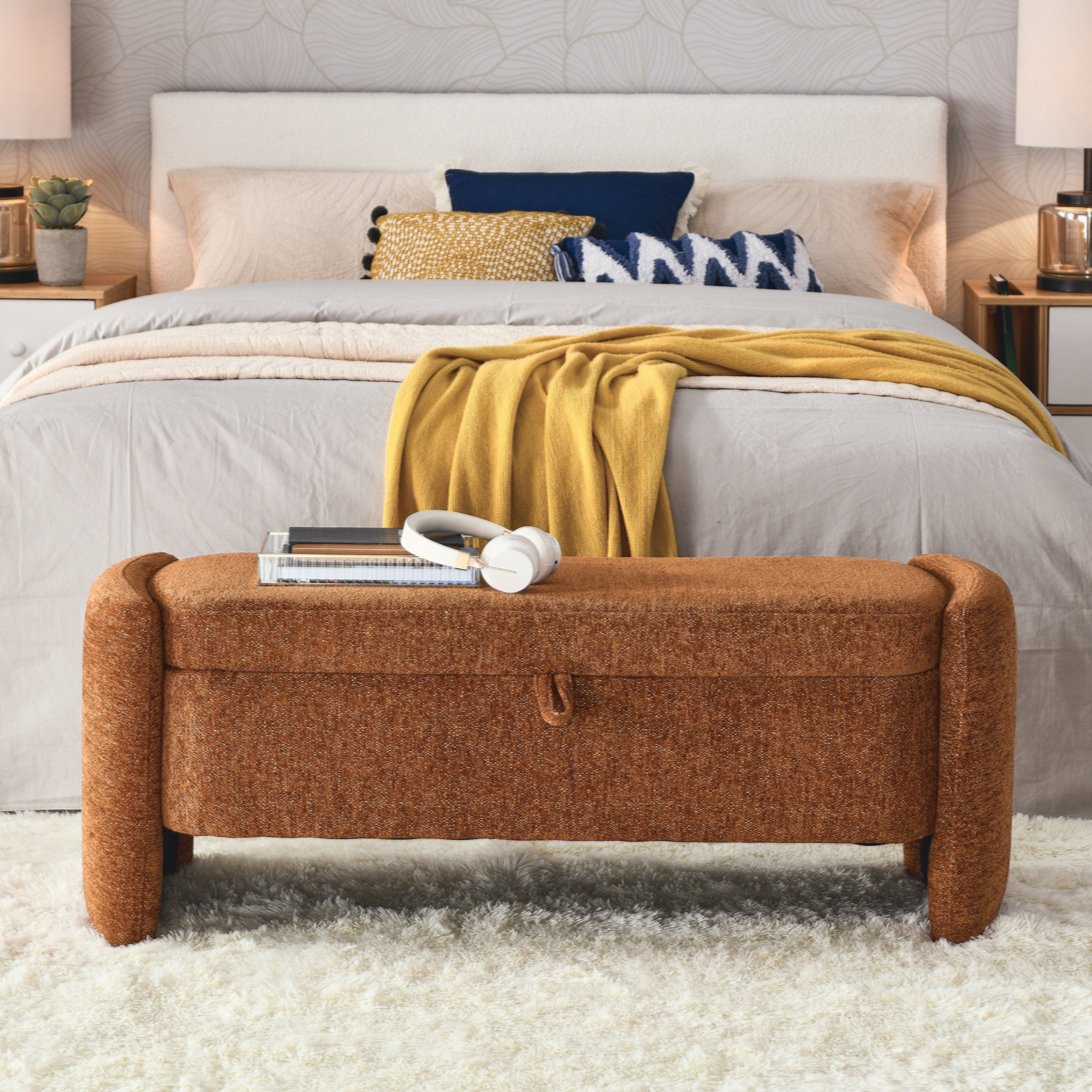 Latitude Run® Oval Ottoman Orange Storage Bench Chenille Fabric Bench ...