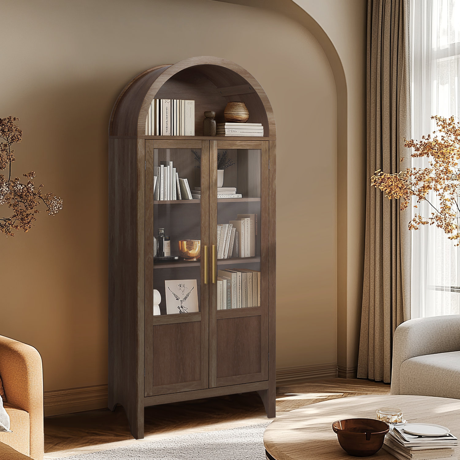Ebern Designs Tall Arched Cabinet Wooden Display Cabinet & Reviews ...