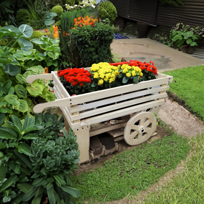 FixtureDisplays Wooden Flower Cart W/ 30" Steel Wheels, Natural Pine ...