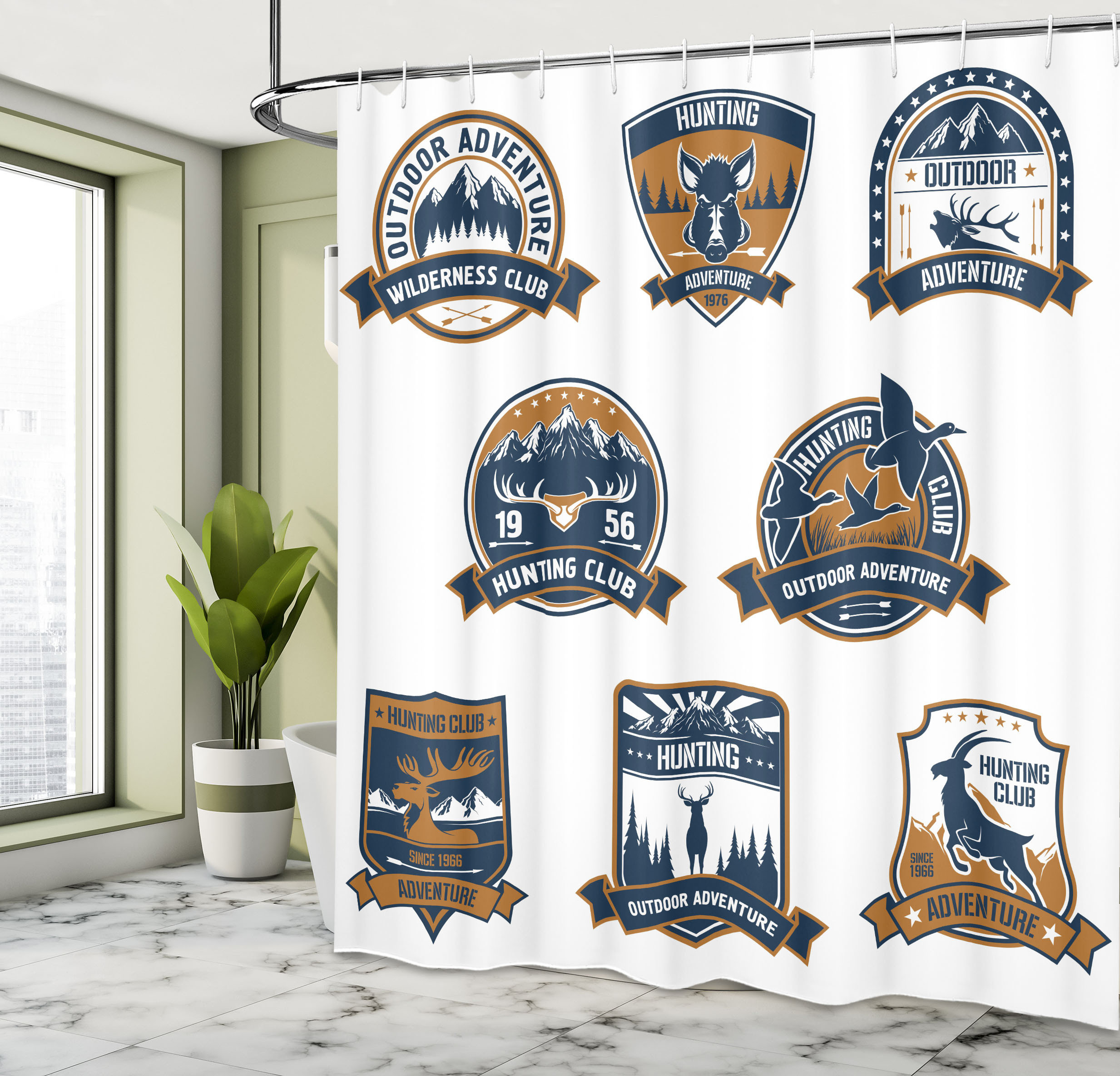 East Urban Home Hunting Shower Curtain Shield Set Dark Blue White Brown ...