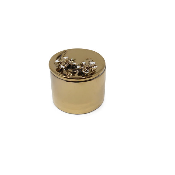 House of Hampton Round Gold Decorative Box With Flower Design Lid | Wayfair