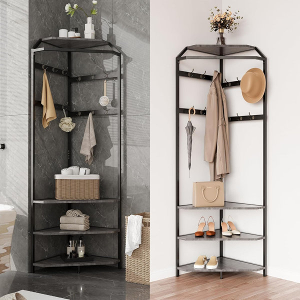 17 Stories Tetragon Corner Coat Rack Hall Tree With 12 Hooks | Wayfair