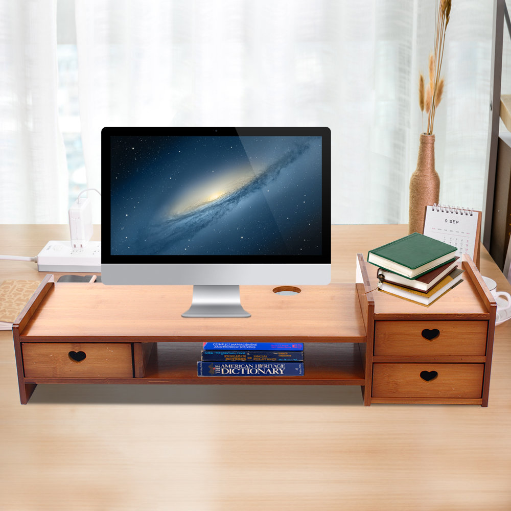 Latitude Run® Narx Bamboo Desktop Monitor Stand with Storage Drawer ...