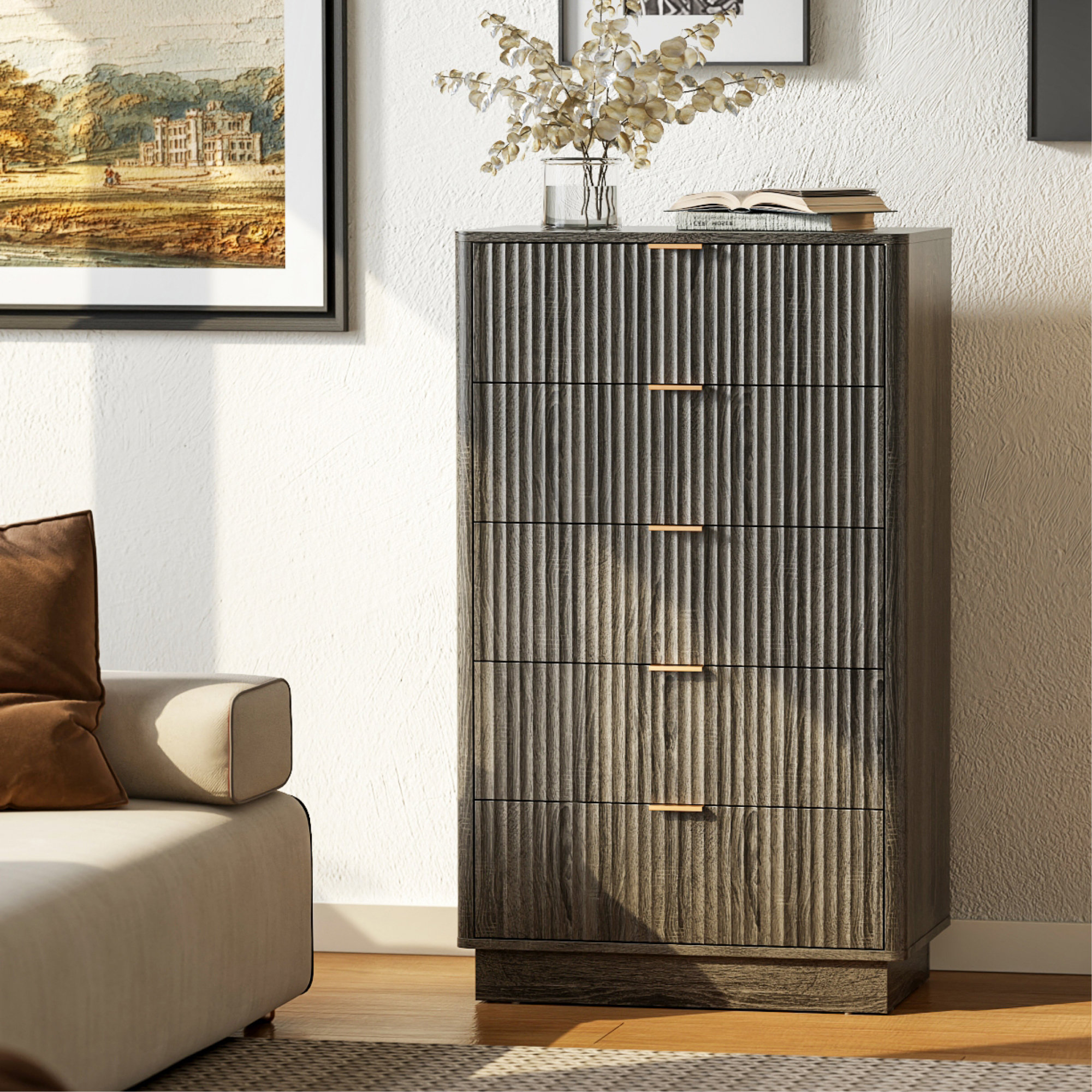 Latitude Run® Elegant Fluted 5 Drawer Dresser, Wood Dressers with Round ...