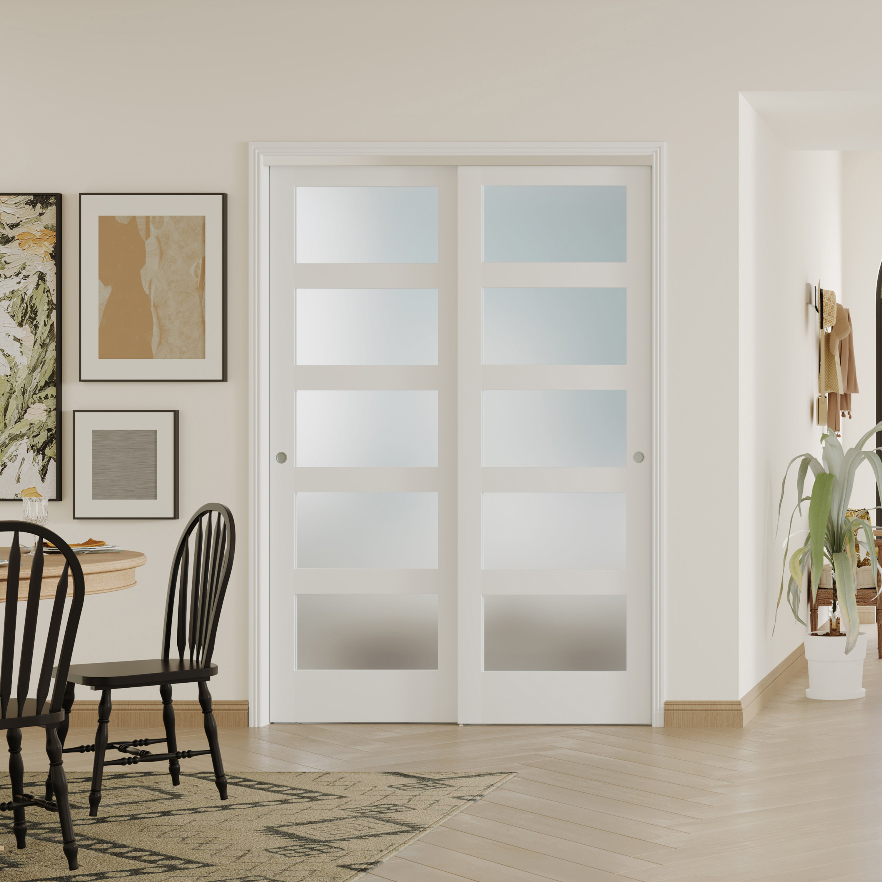 DOOOLI Bypass Slab Doors-2 Panel Five Lite Frosted Glass MDF Sliding ...