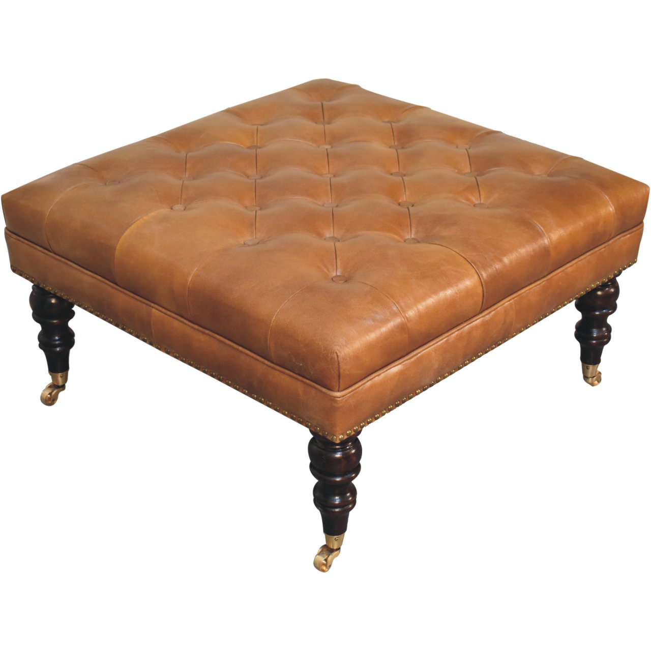 Canora Grey Studded Buffalo Tan Leather Ottoman With Castor Legs | Wayfair