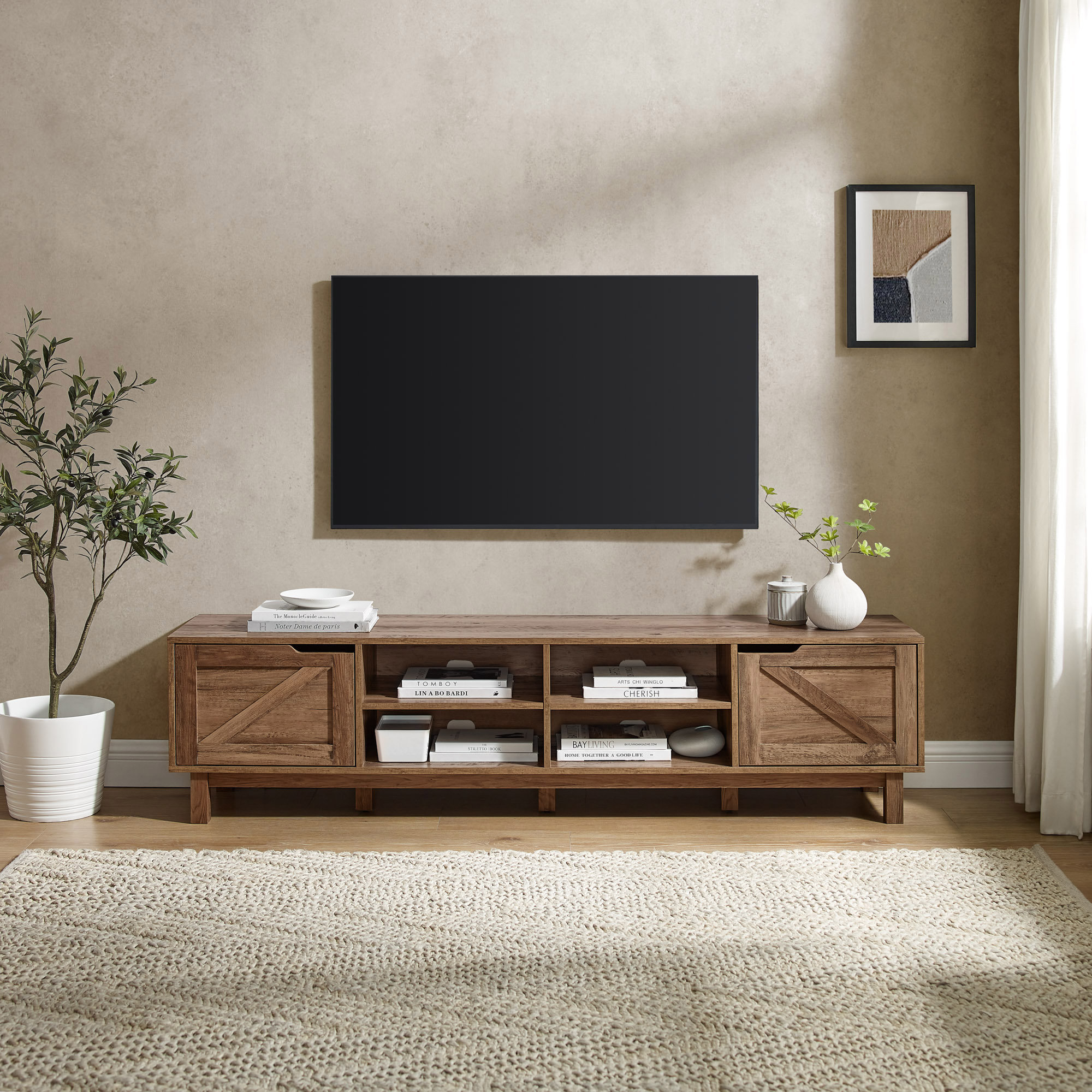 Gracie Oaks Rustic Barndoor Open-Storage TV Stand For Tvs Up To 80 ...