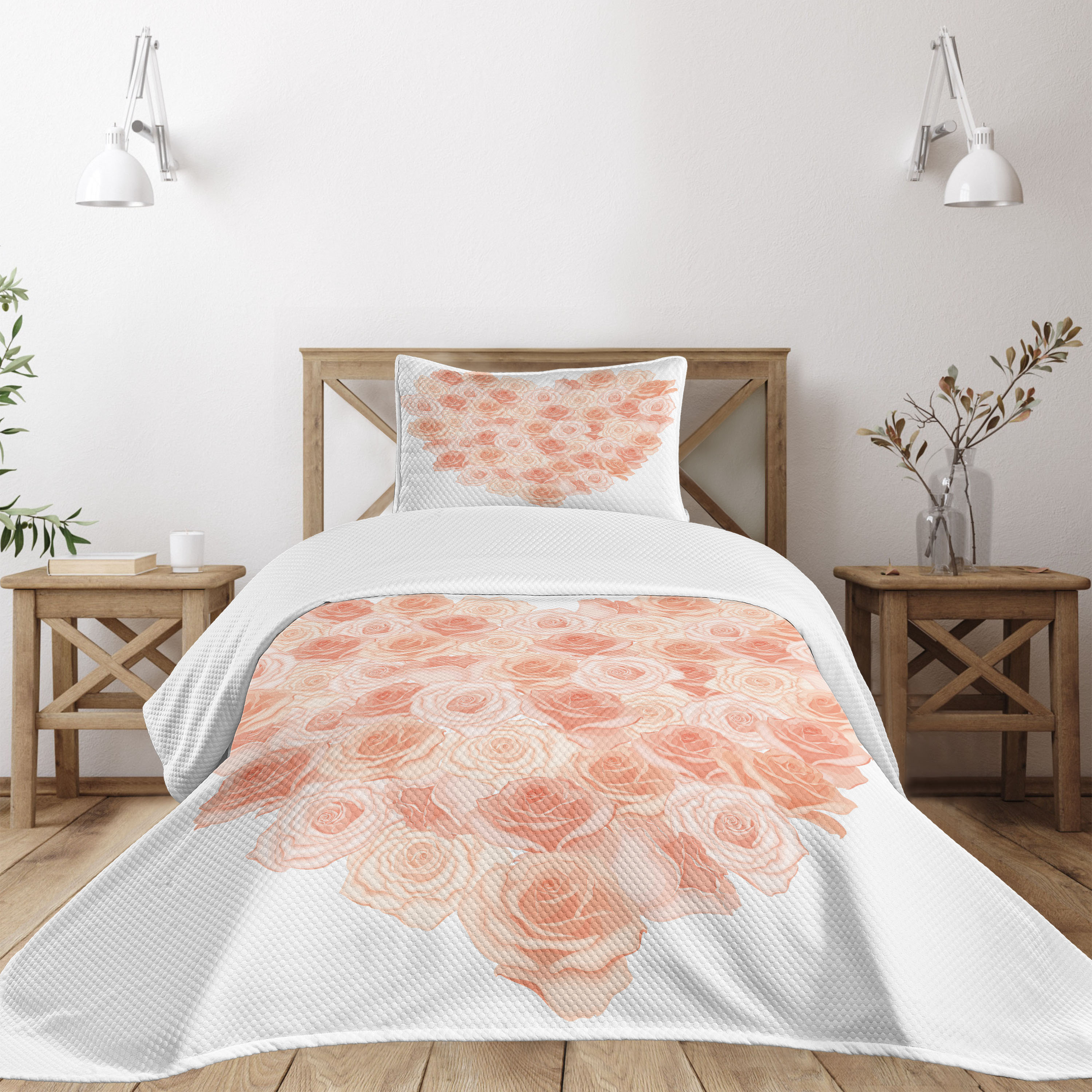 Ambesonne Peach Bedspread Set Heart Shaped Blossoms Salmon Peach | Wayfair