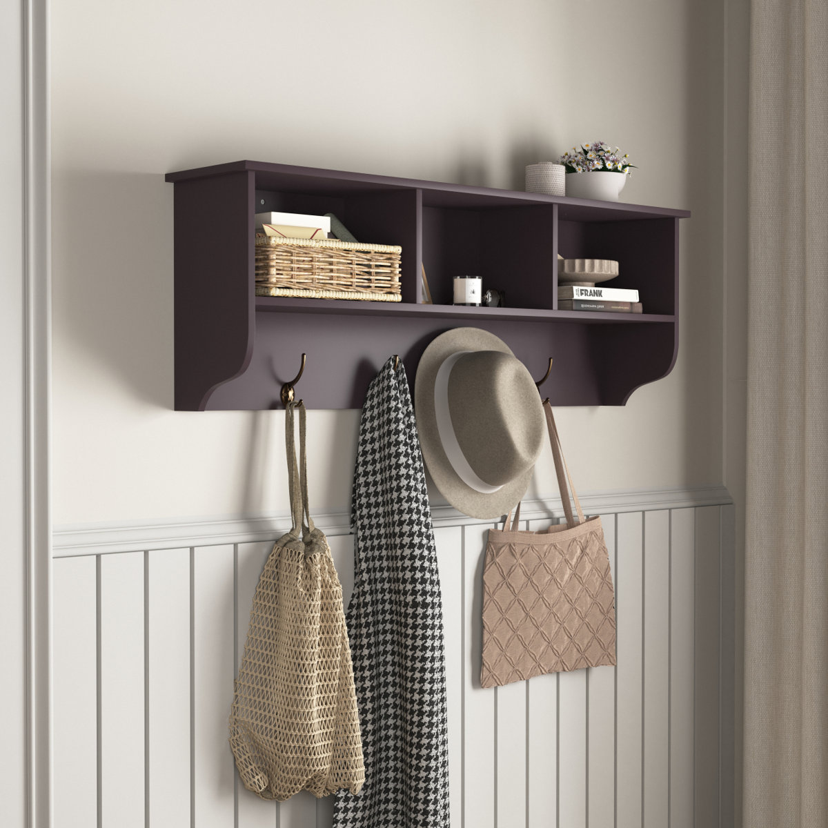 Ebern Designs Entryway Wall Mounted Coat Rack With 4 Dual Hooks Wood ...