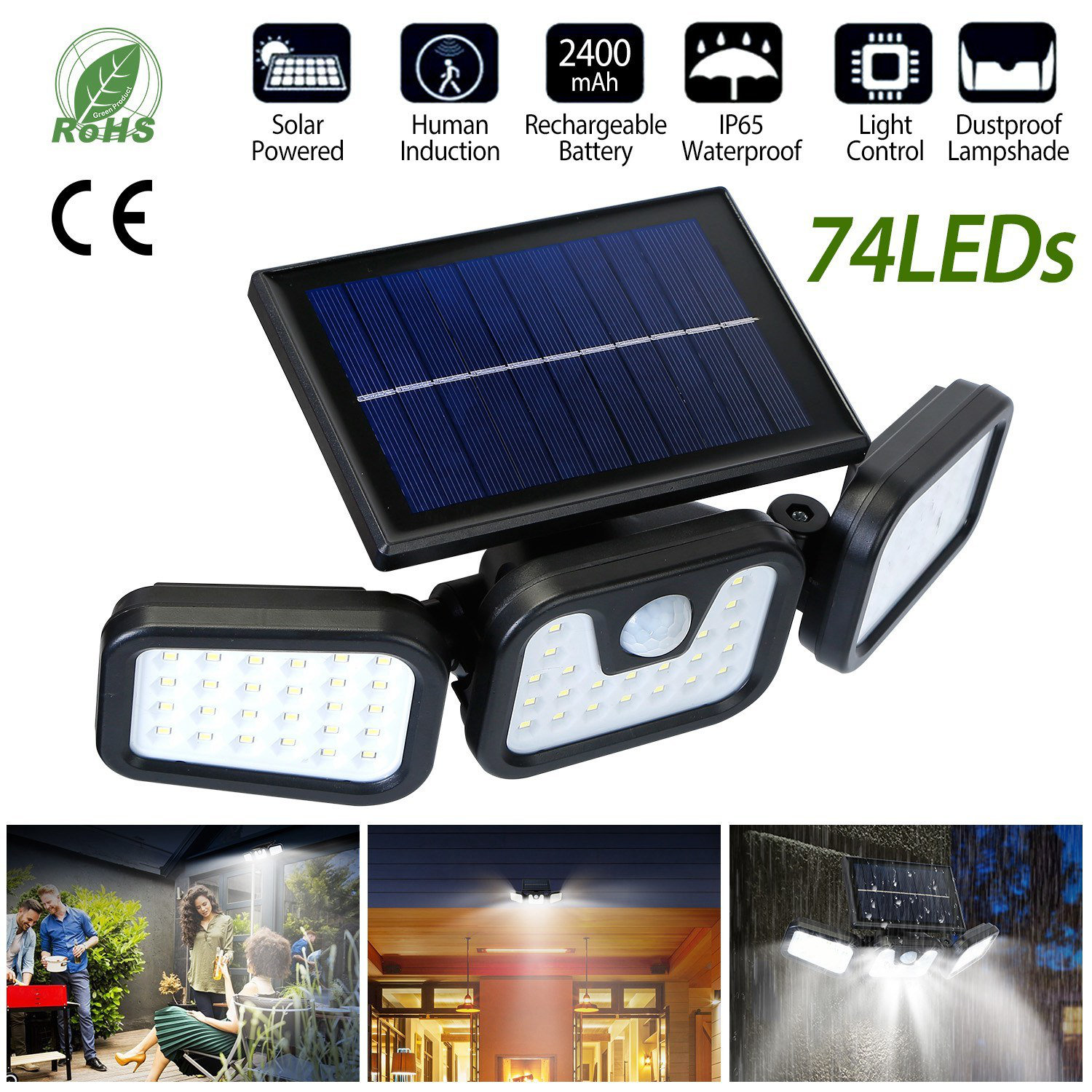 Edge Collections Solar Wall Lamp 74 LEDs 3 Adjustable Head Motion ...
