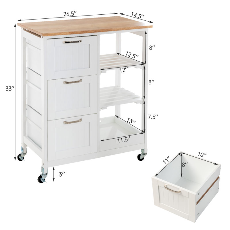Dovecove Rubber Wood Counter Top Kitchen Island Storage Cart with 3 ...