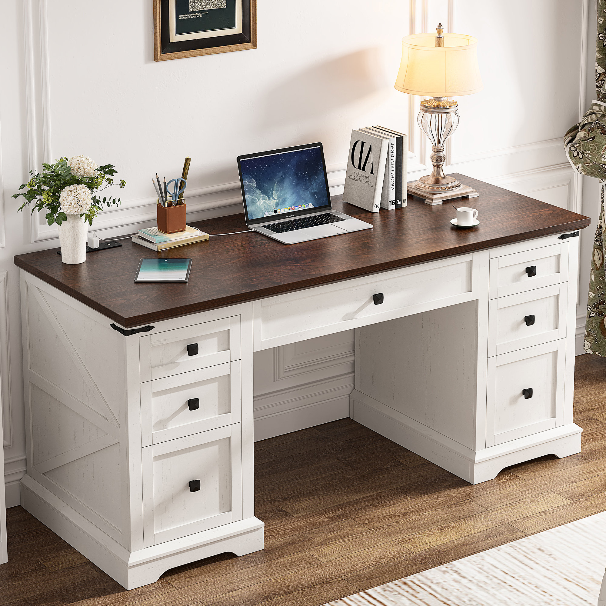 August Grove® 55'' W Computer Desk With Outlet, Farmhouse Executive ...