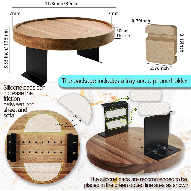 Ebern Designs Couch Arm Tray Table,Adjustable Wooden Round Sofa Arm ...