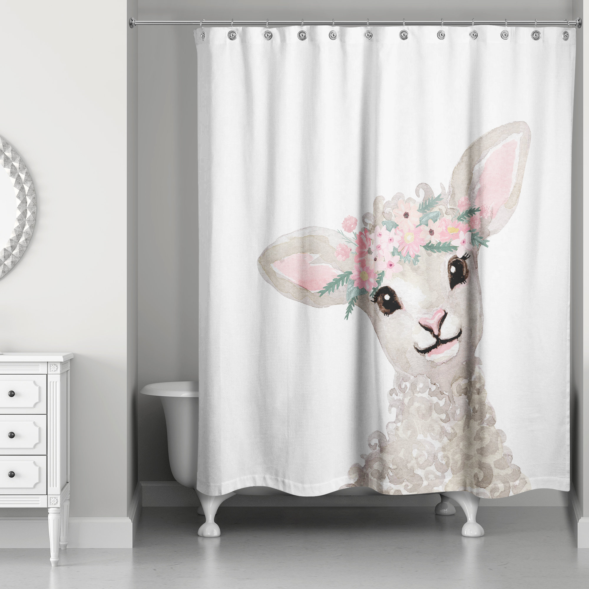 Bungalow Rose Lamb with Flower Crown Shower Curtain | Wayfair