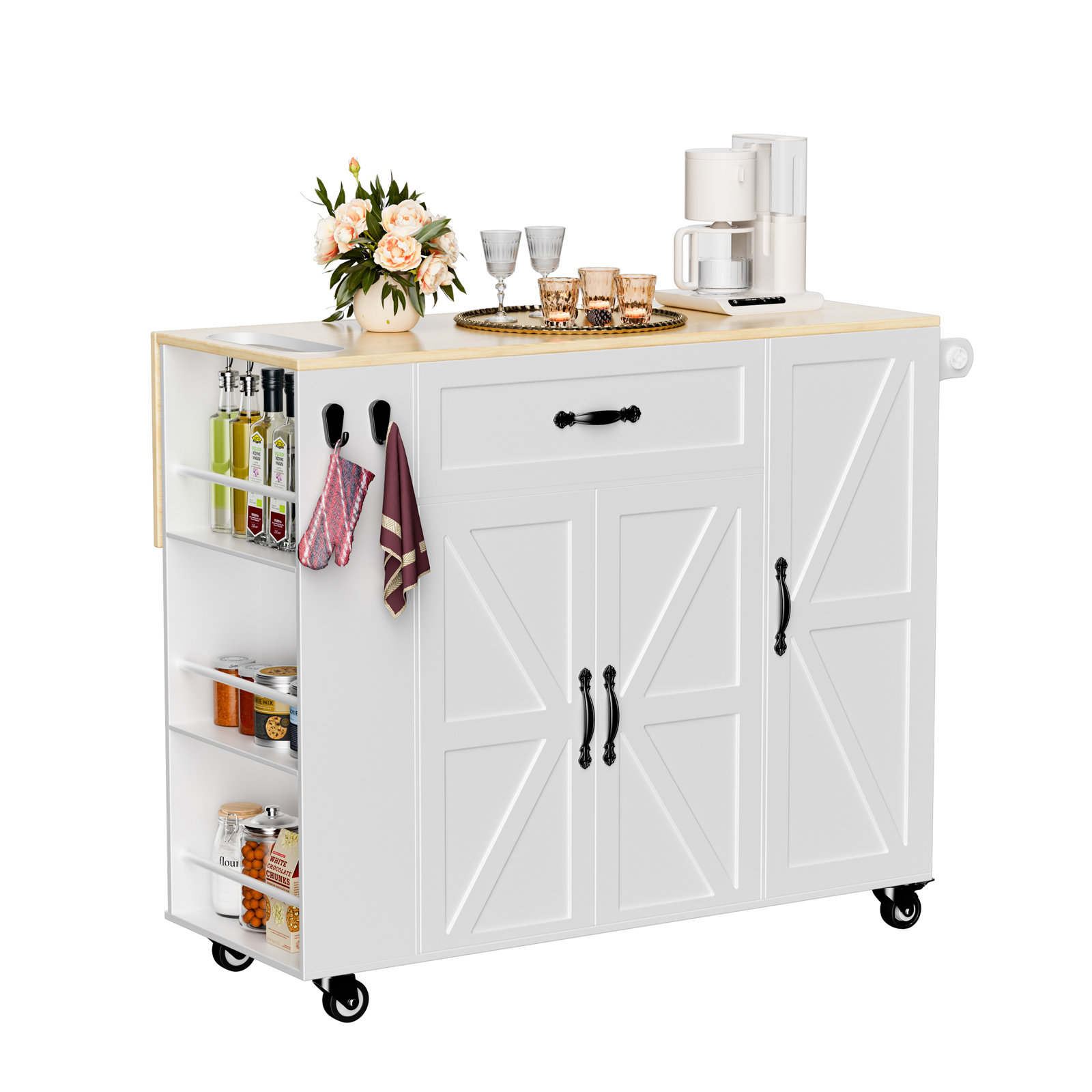 Gracie Oaks Movable Kitchen Island With Towel Rack, And Storage Pantry ...