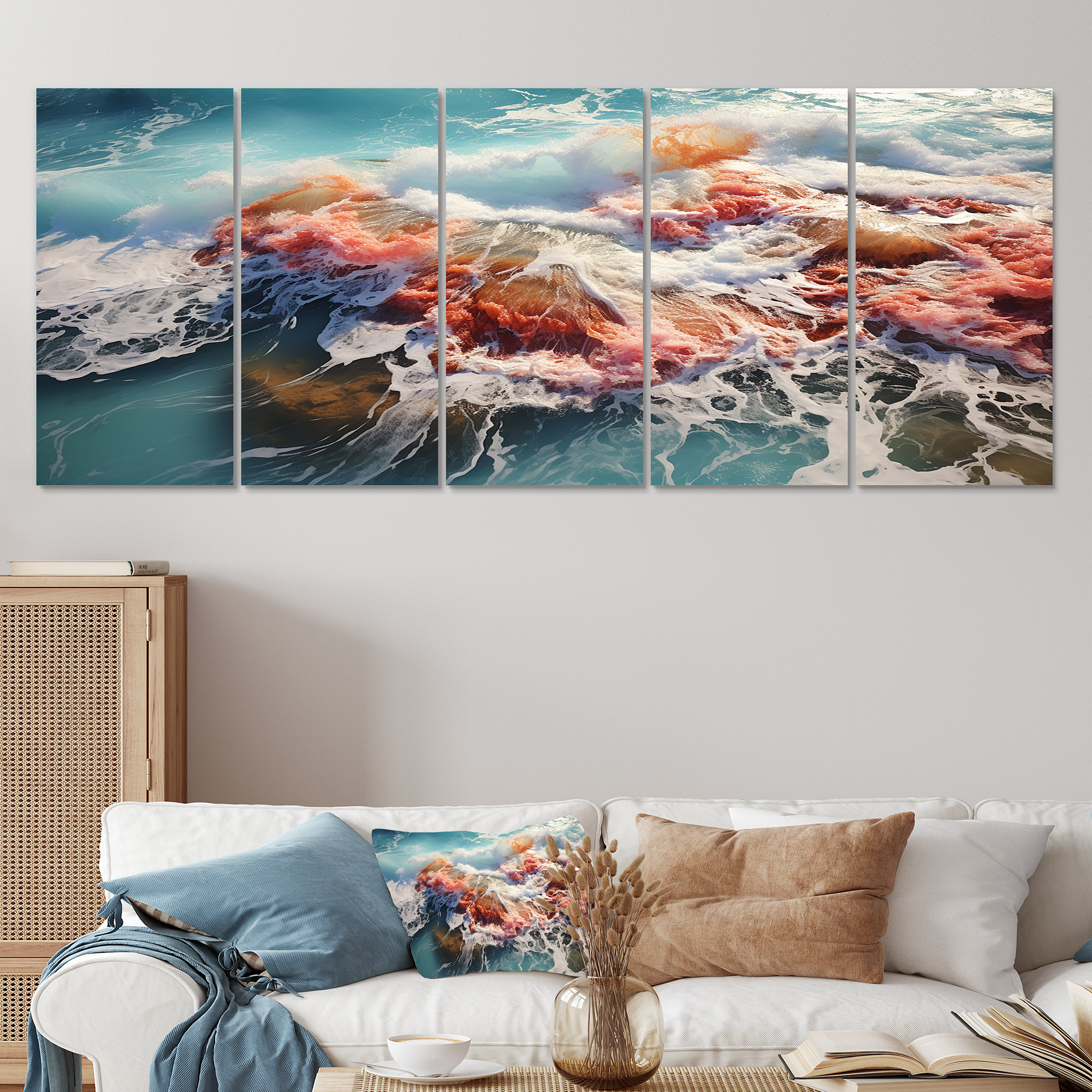 Dovecove Coral Canvas Aerial Seaside - Coastal Beach 5 Piece Wall Art ...