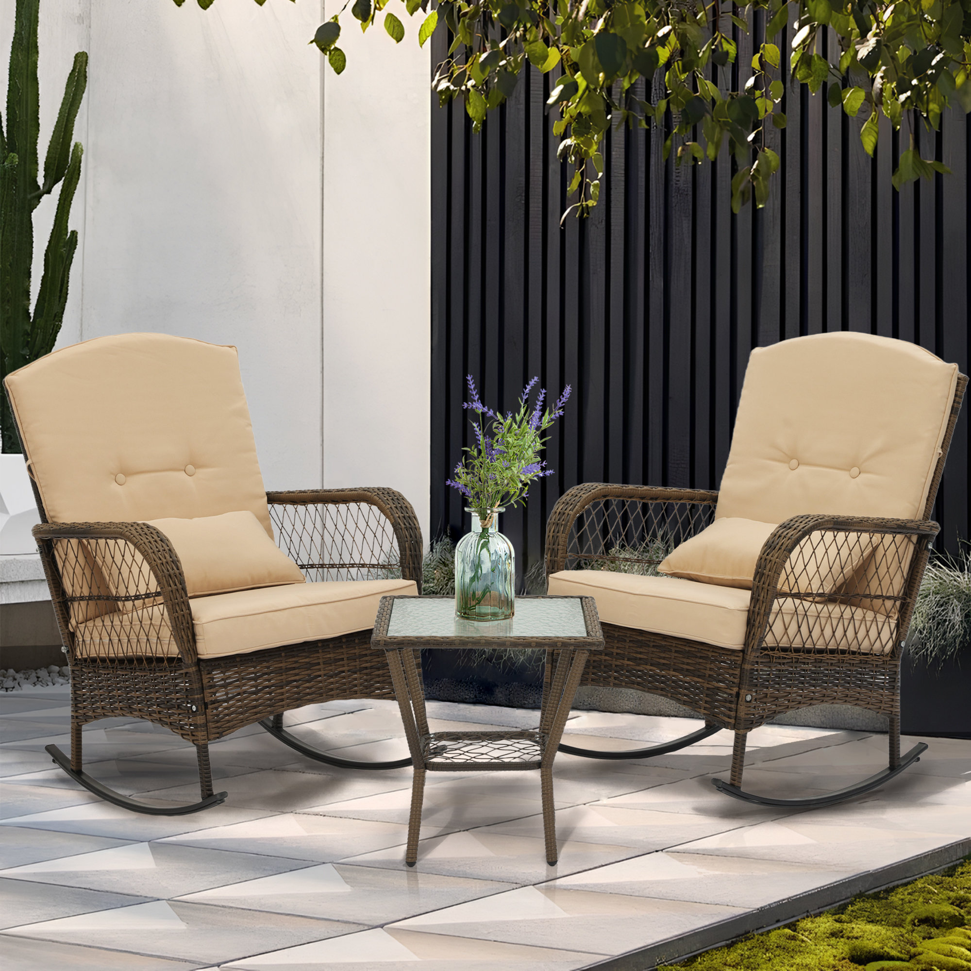 Winston Porter 3 Piece Wicker Rattan Outdoor Rocker Chair Set With Side ...