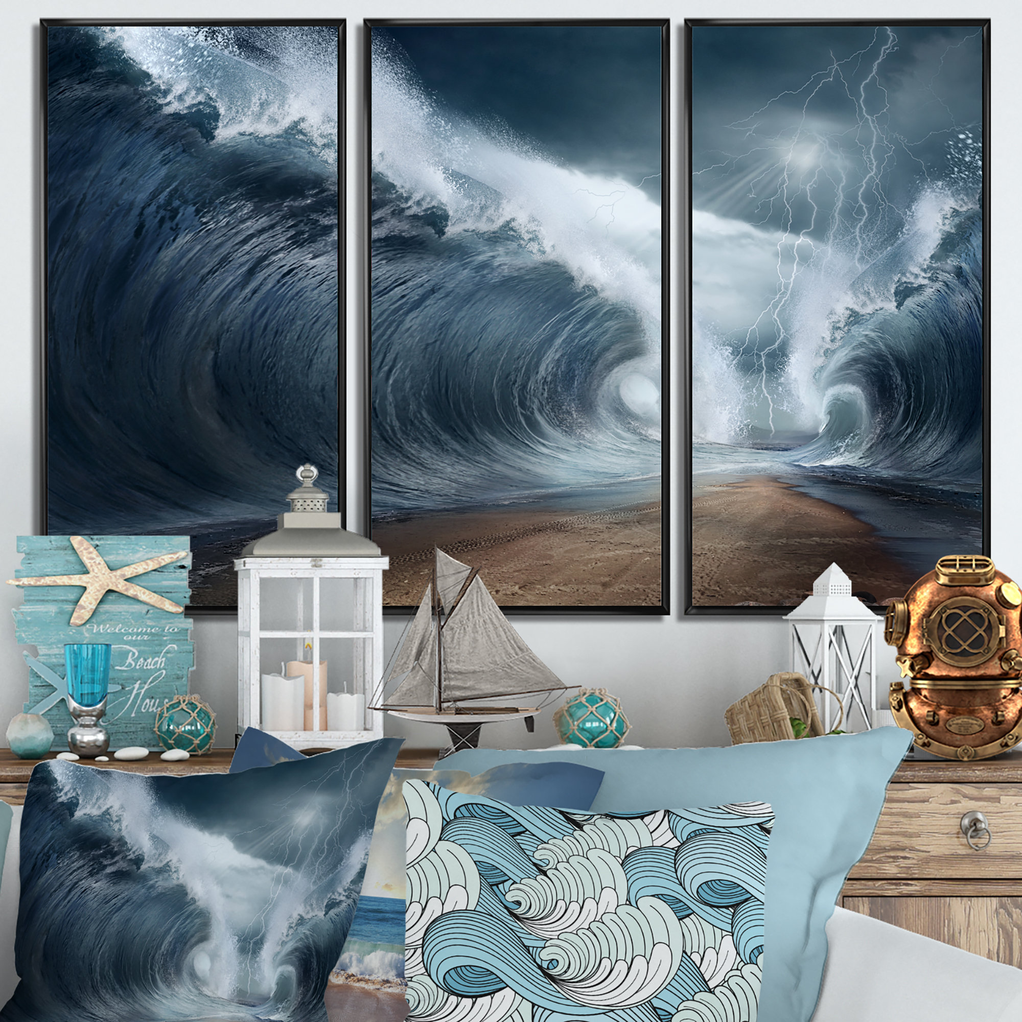 Rosecliff Heights Waves Over The Parted Sea Path - Sea & Shore Framed ...