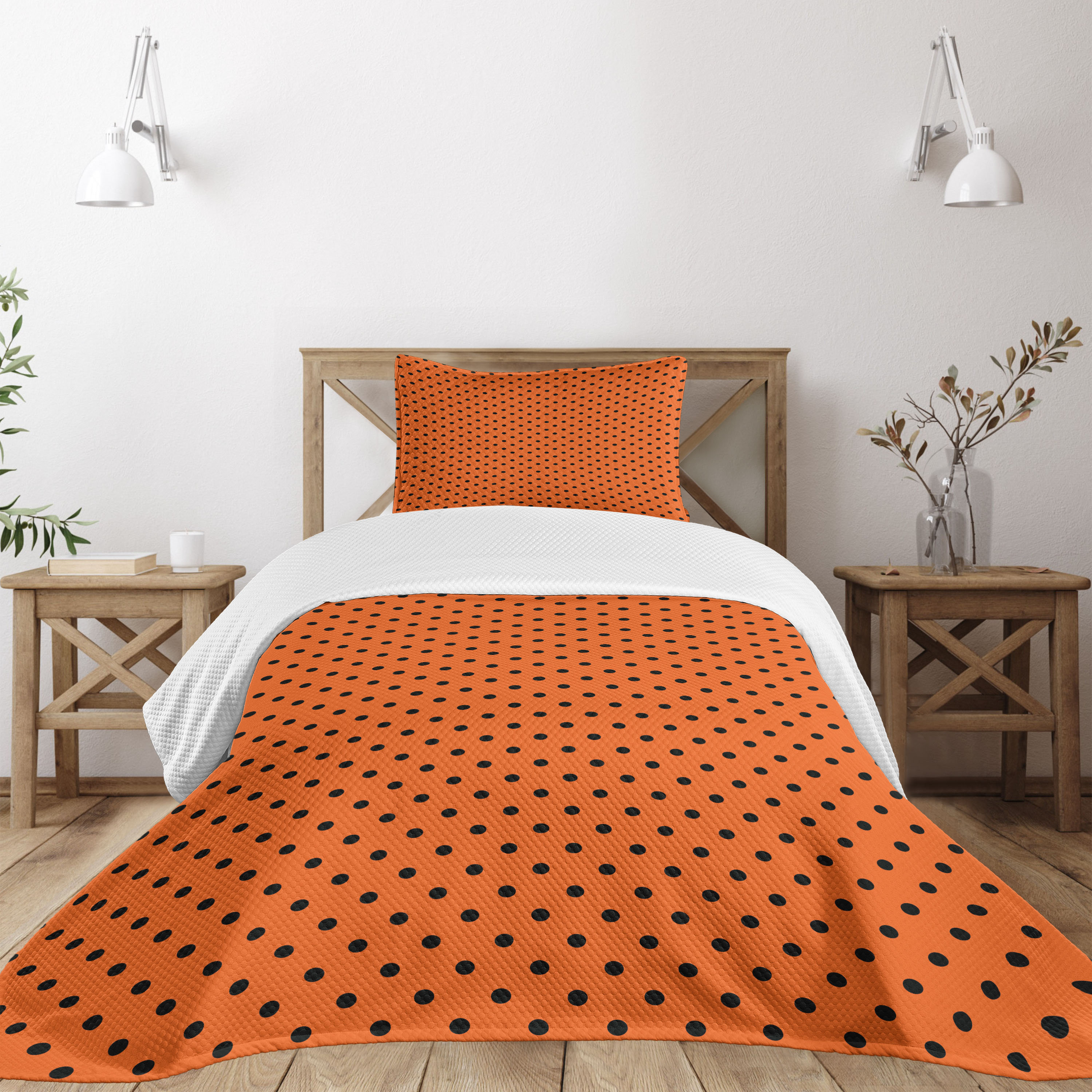 Ambesonne Orange Bedspread Set Vintage Polka Dots Tile Orange Black ...