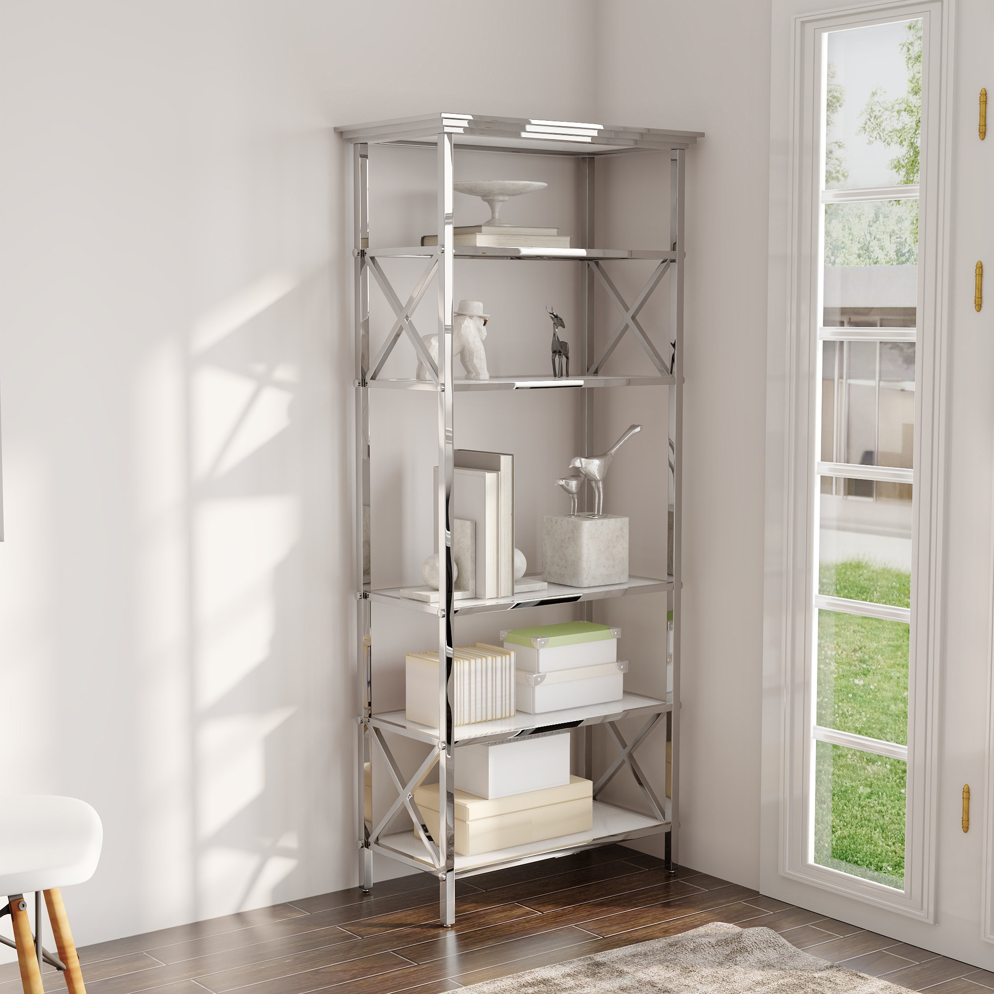 Rebrilliant Reymi Silver Bookcase with Open Shelf Srorage | Wayfair
