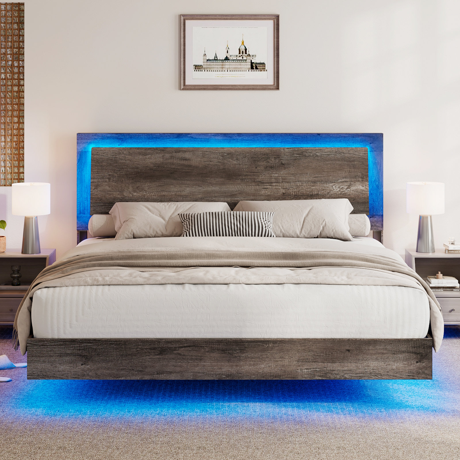 Wrought Studio™ Keynen Farmhouse Floating Bed Frame with LED Light and ...