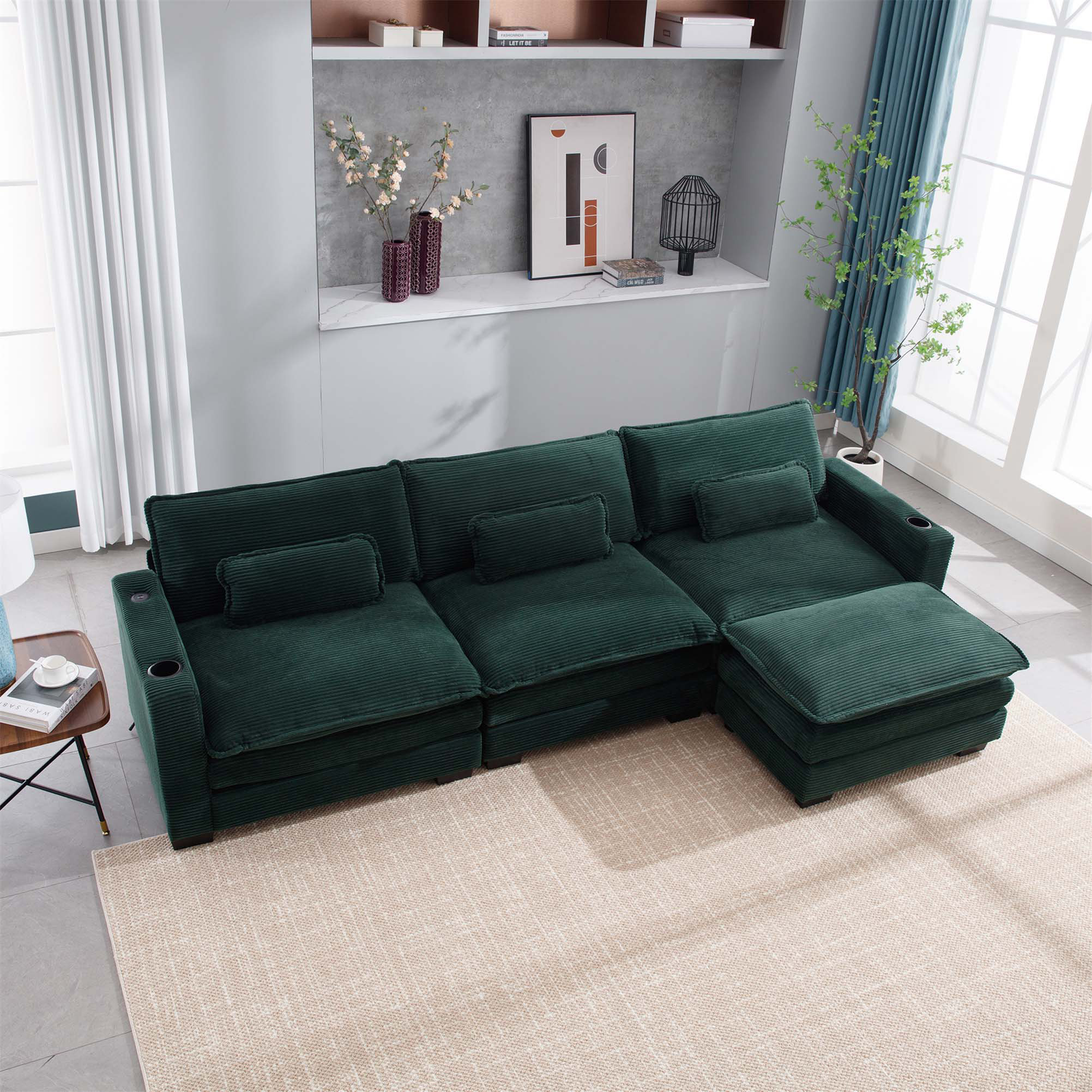 Corrigan Studio L Shape Sofa Couch With USB & Cup Holders, Corduroy ...
